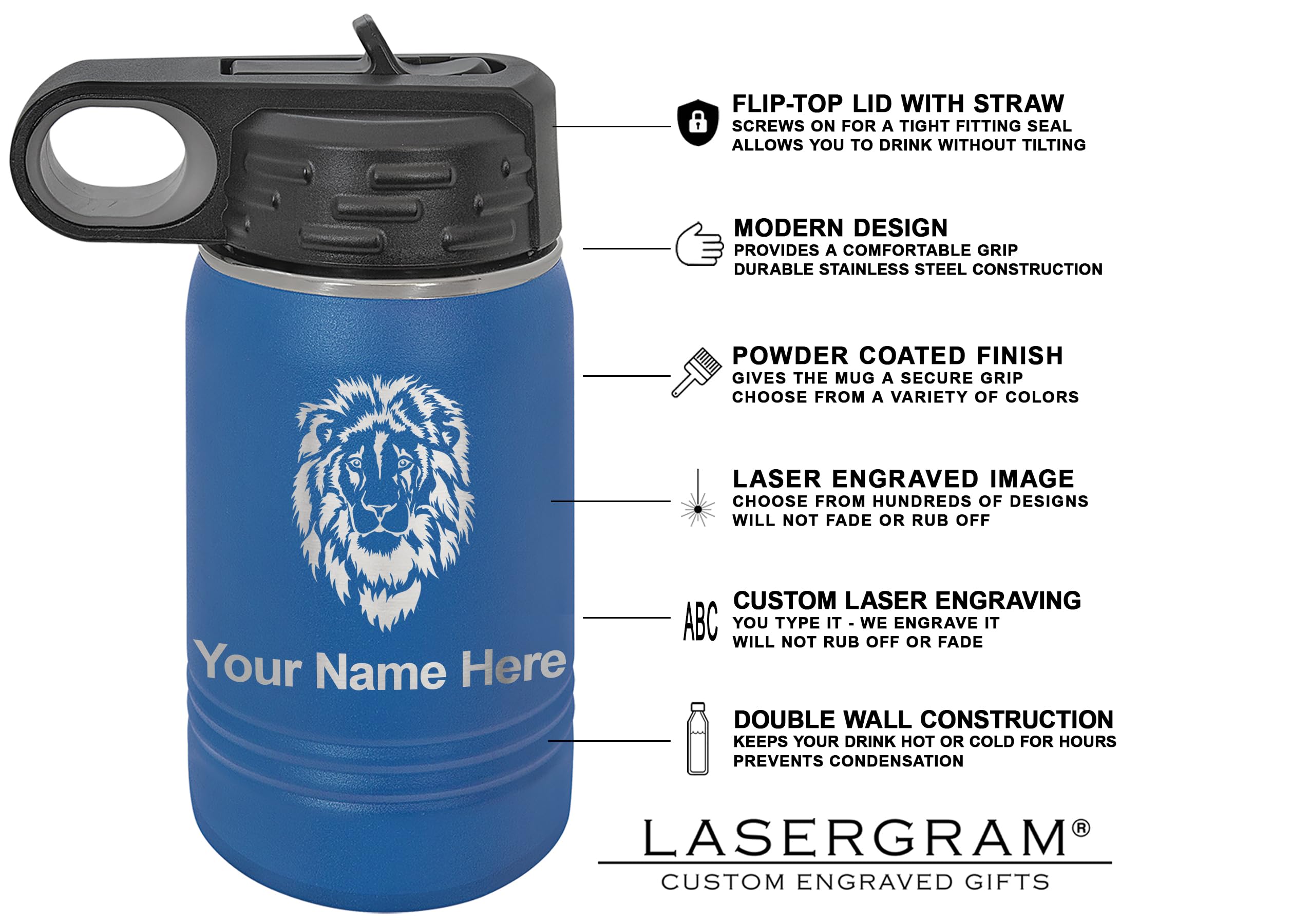 LaserGram Personalized Water Bottle, Gymnast Man, Stainless Steel Double Wall Vacuum Insulated with Flip Top Straw, Custom Engraved Gift (12oz / 335ml Dark Blue)