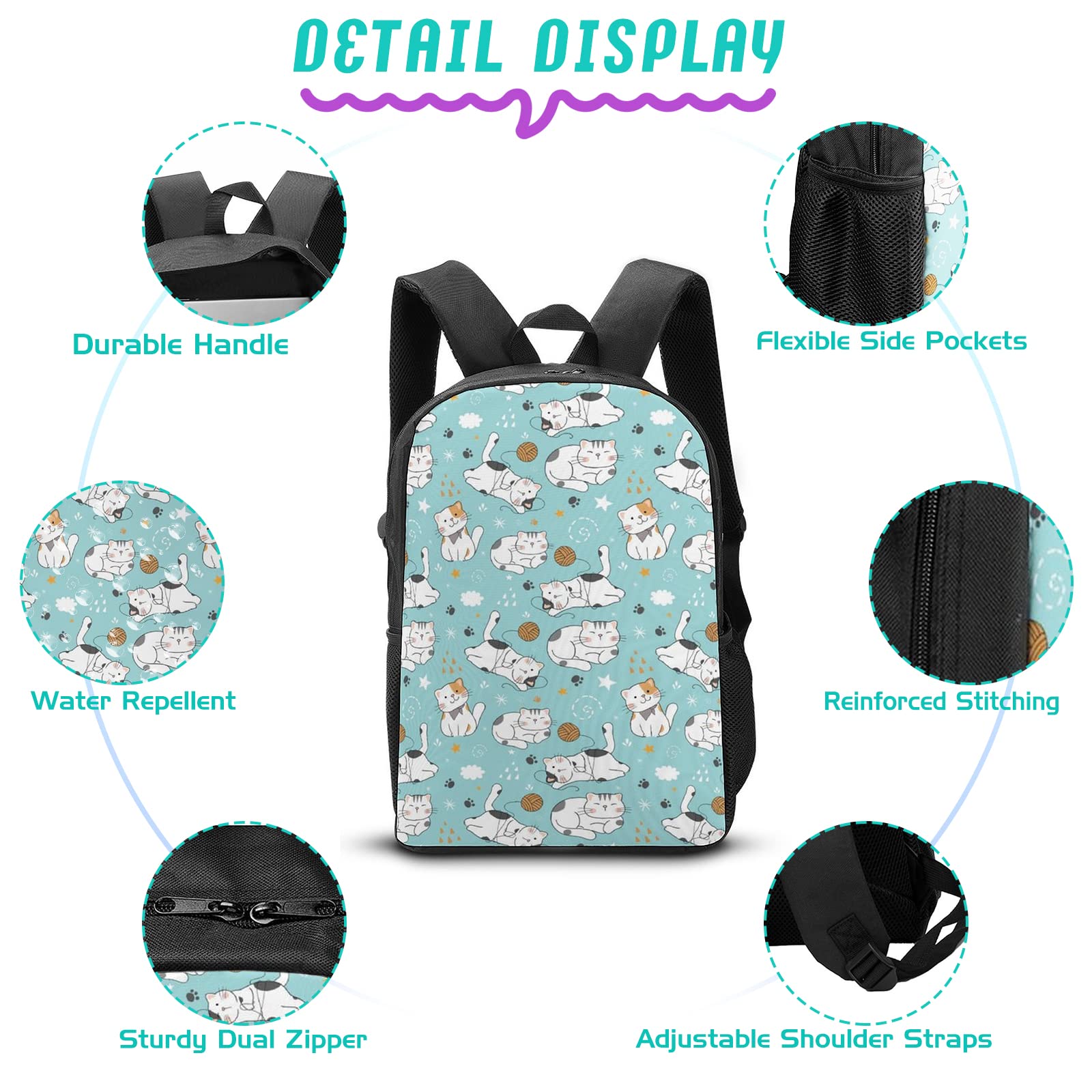 Cat Cute Aesthetic Backpack Set for Elementary School Student, Lightweight Classic Backpack for Women Girls School Bookbags with Lunch Box Pencil Case, Kawaii Backpack for Travel, School, Outdoor
