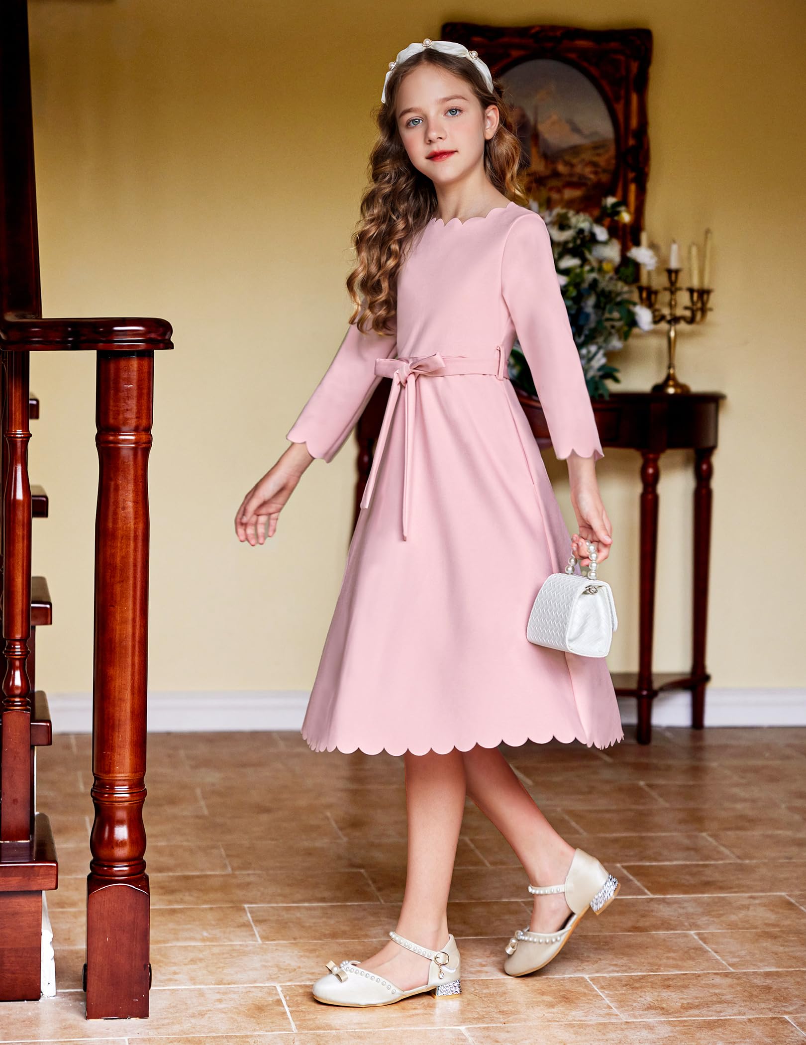 Arshiner Big Girls Dresses 3/4 Sleeve Scalloped Edge A-line Belted Banquet Dress with Pockets(Pink,13-14Years)