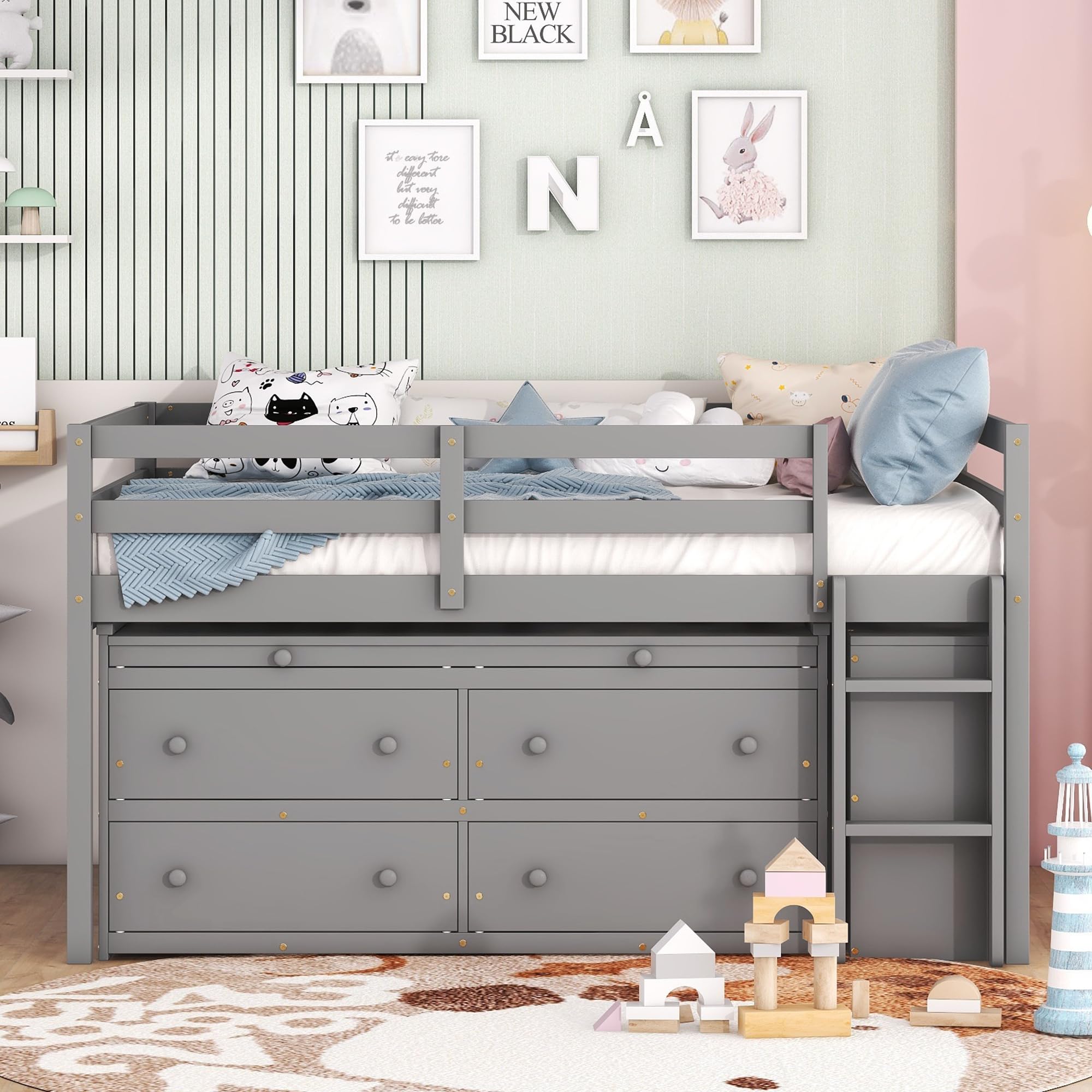 VilroCaz Full Size Low Loft Bed with Retractable Writing Desk and 4 Drawers, Multiple Functions Wooden Loft Bed Frame with Storage Shelves for Kids Teens Boys Girls, Sturdy Slats Support (Grey-AFULL)