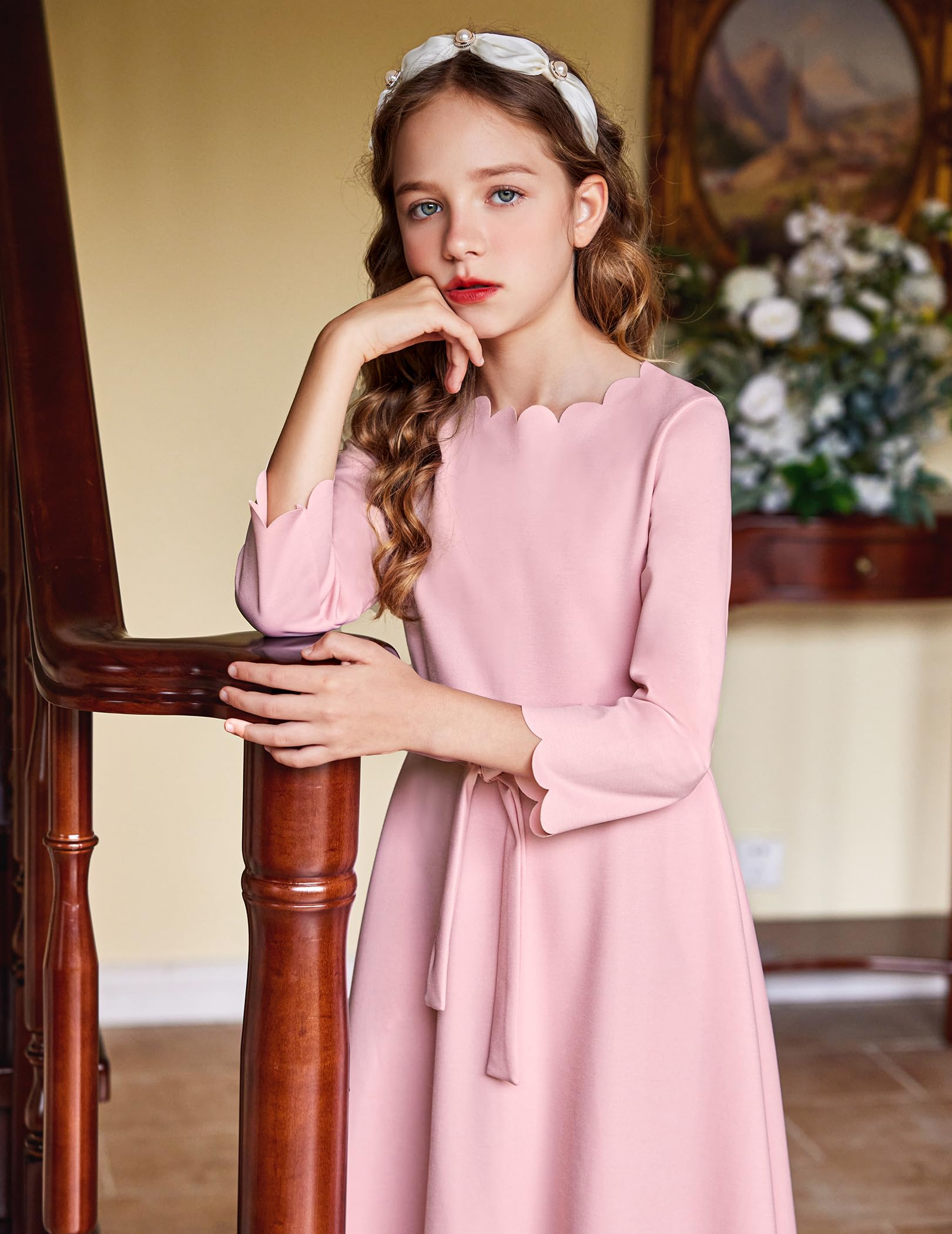 Arshiner Big Girls Dresses 3/4 Sleeve Scalloped Edge A-line Belted Banquet Dress with Pockets(Pink,13-14Years)