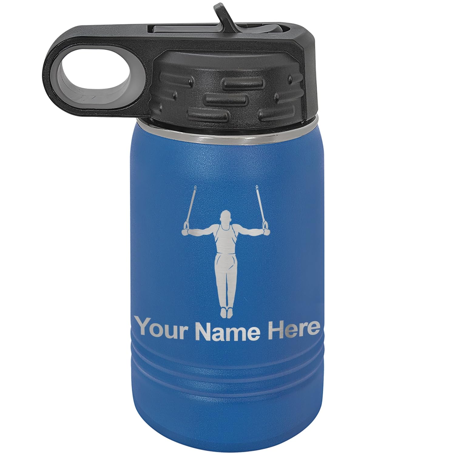 LaserGram Personalized Water Bottle, Gymnast Man, Stainless Steel Double Wall Vacuum Insulated with Flip Top Straw, Custom Engraved Gift (12oz / 335ml Dark Blue)