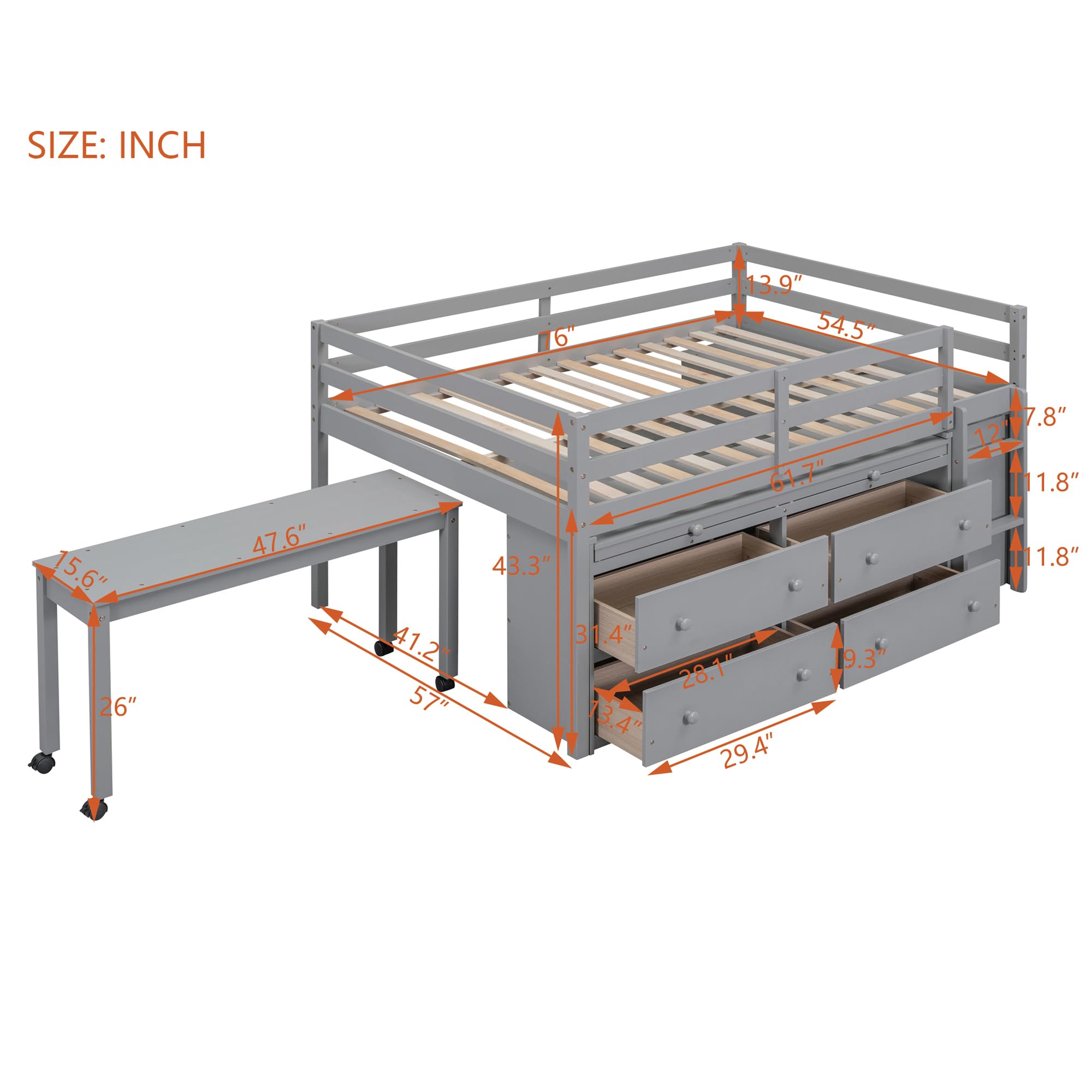 VilroCaz Full Size Low Loft Bed with Retractable Writing Desk and 4 Drawers, Multiple Functions Wooden Loft Bed Frame with Storage Shelves for Kids Teens Boys Girls, Sturdy Slats Support (Grey-AFULL)
