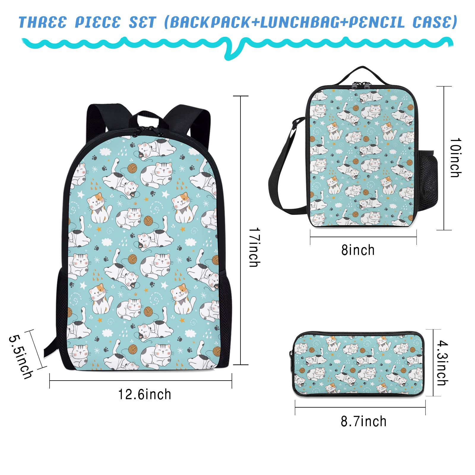 Cat Cute Aesthetic Backpack Set for Elementary School Student, Lightweight Classic Backpack for Women Girls School Bookbags with Lunch Box Pencil Case, Kawaii Backpack for Travel, School, Outdoor