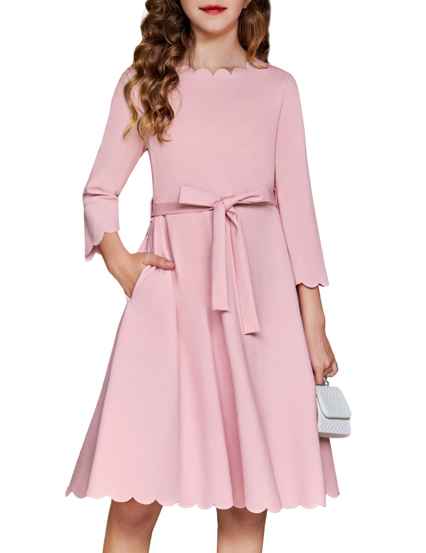 Arshiner Big Girls Dresses 3/4 Sleeve Scalloped Edge A-line Belted Banquet Dress with PocketsïŒPinkïŒ13-14YearsïŒ