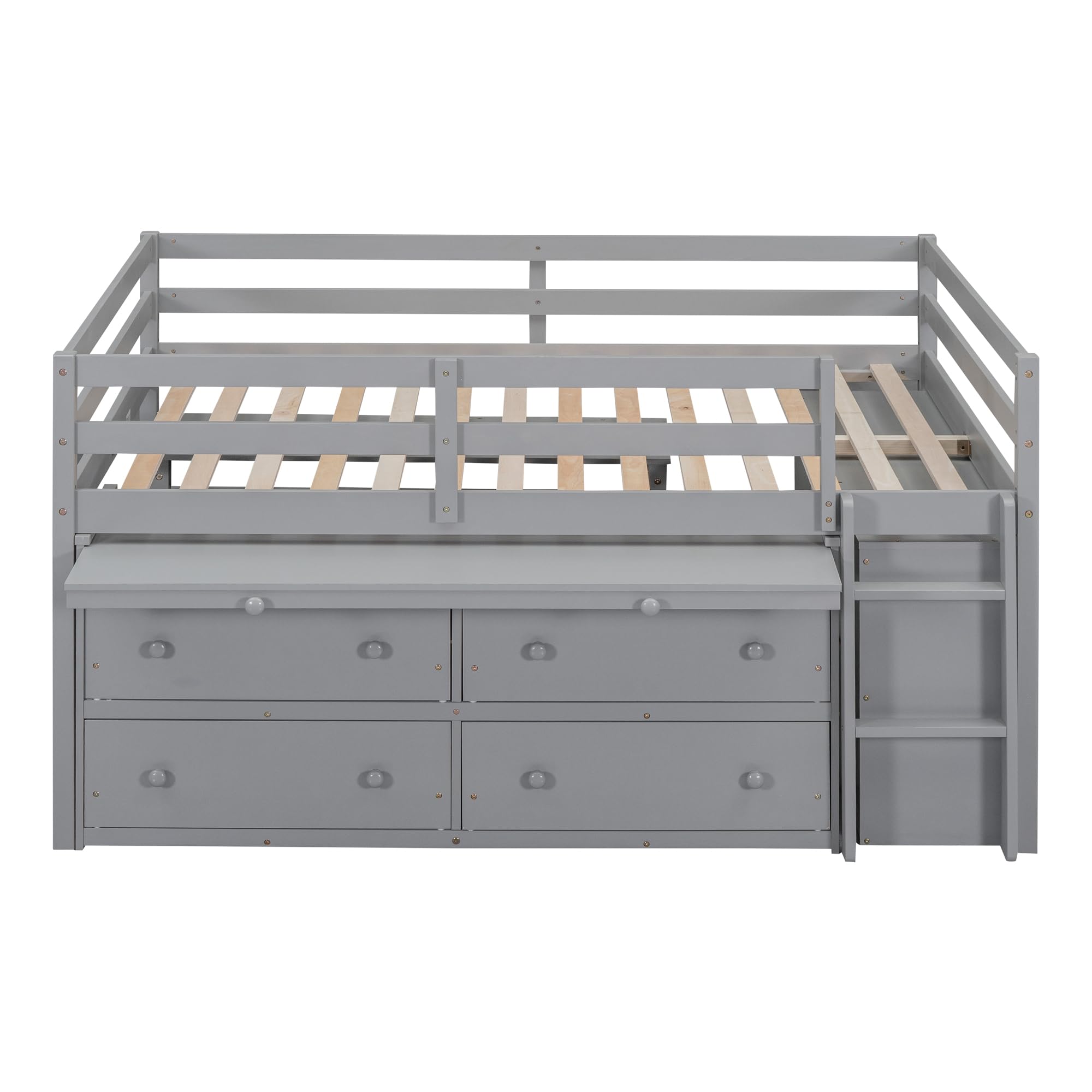 VilroCaz Full Size Low Loft Bed with Retractable Writing Desk and 4 Drawers, Multiple Functions Wooden Loft Bed Frame with Storage Shelves for Kids Teens Boys Girls, Sturdy Slats Support (Grey-AFULL)