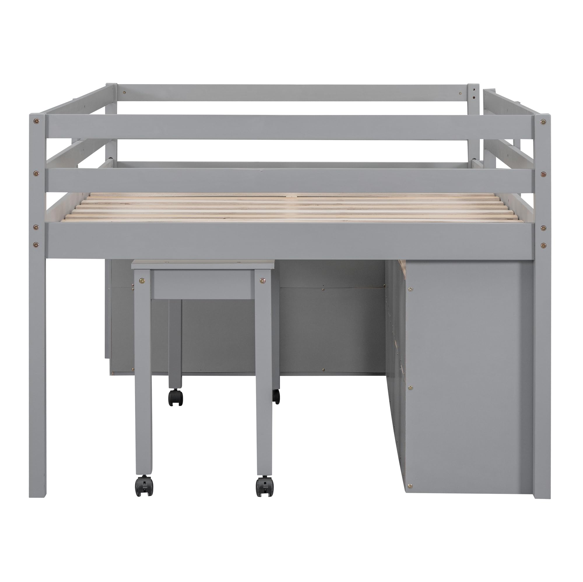 VilroCaz Full Size Low Loft Bed with Retractable Writing Desk and 4 Drawers, Multiple Functions Wooden Loft Bed Frame with Storage Shelves for Kids Teens Boys Girls, Sturdy Slats Support (Grey-AFULL)