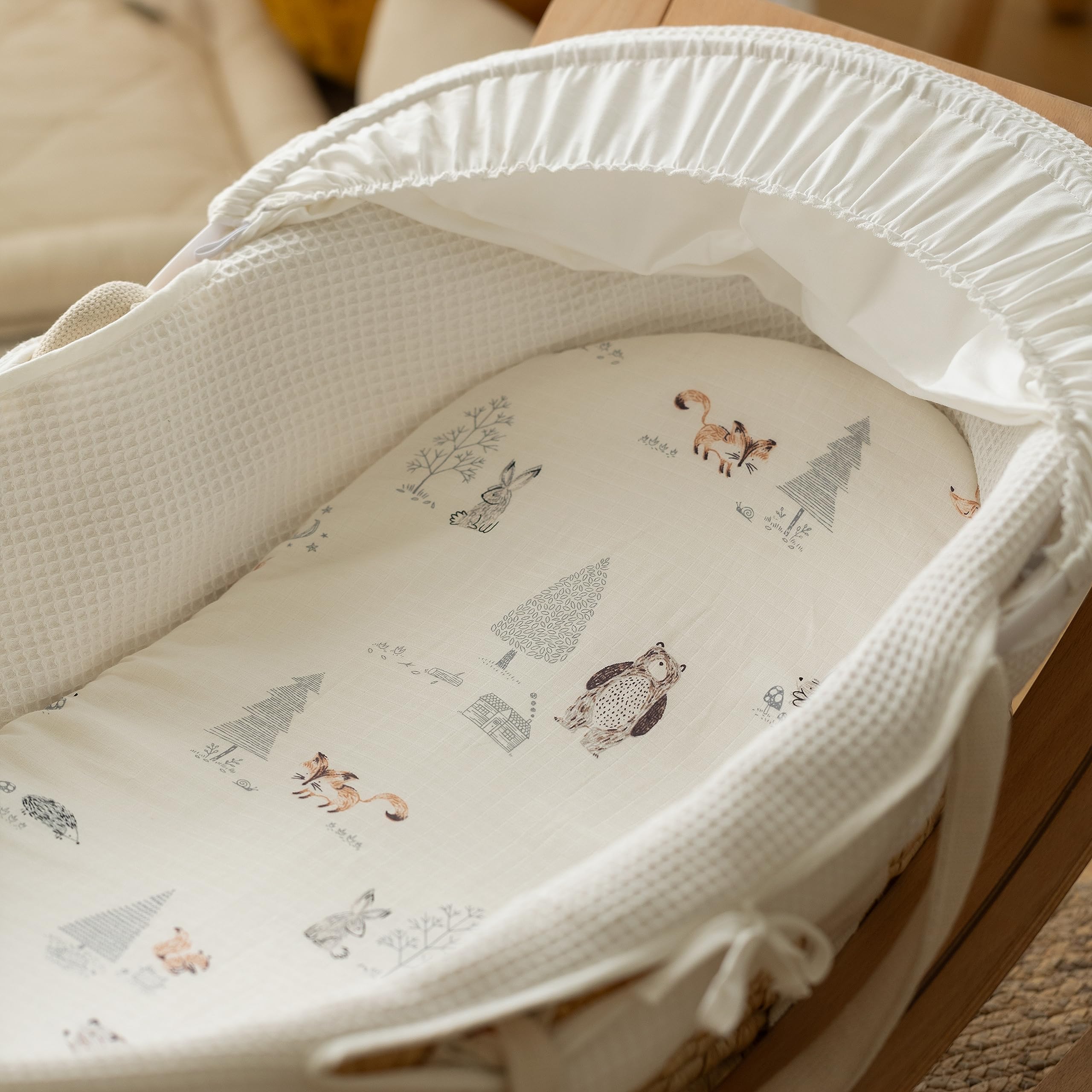 Musioiy Muslin Bassinet Sheets for Baby Girls and Boys, Soft & Breathable Cotton Bed Oval, Hourglass Rectangular Cradle Mattress, 2 Pack,(Animal Print Stars, White Grey (CRIB202305)