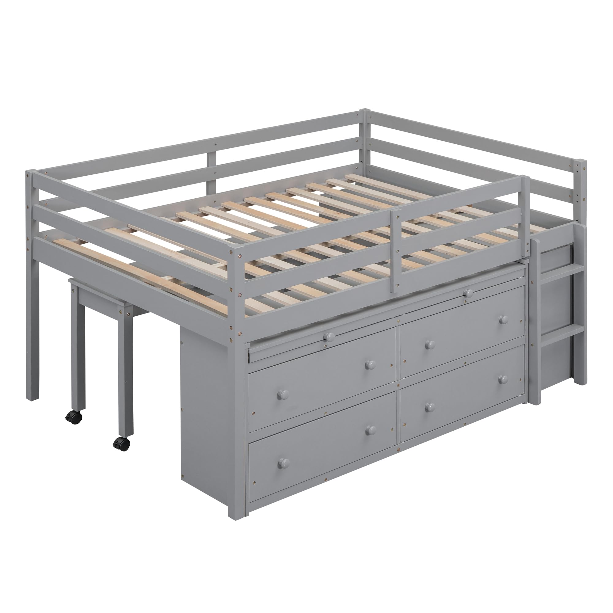 VilroCaz Full Size Low Loft Bed with Retractable Writing Desk and 4 Drawers, Multiple Functions Wooden Loft Bed Frame with Storage Shelves for Kids Teens Boys Girls, Sturdy Slats Support (Grey-AFULL)