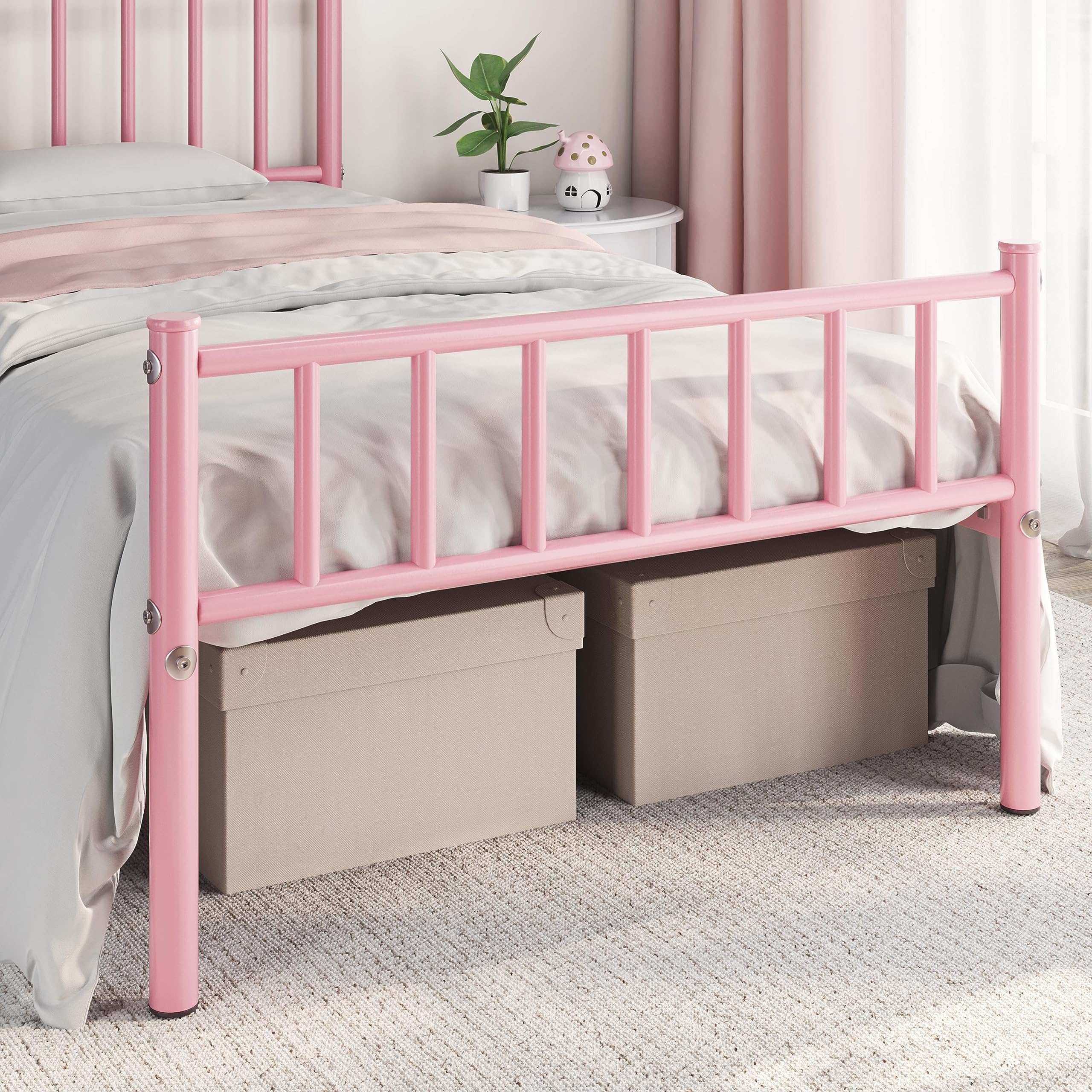 Yaheetech Twin Size Bed Frame Metal Platform Bed Frame Mattress Foundation with Spindle Headboard & Footboard/No Box Spring Needed/14 Inch Underbed Storage/Firm Support & Easy Set up Structure, Pink