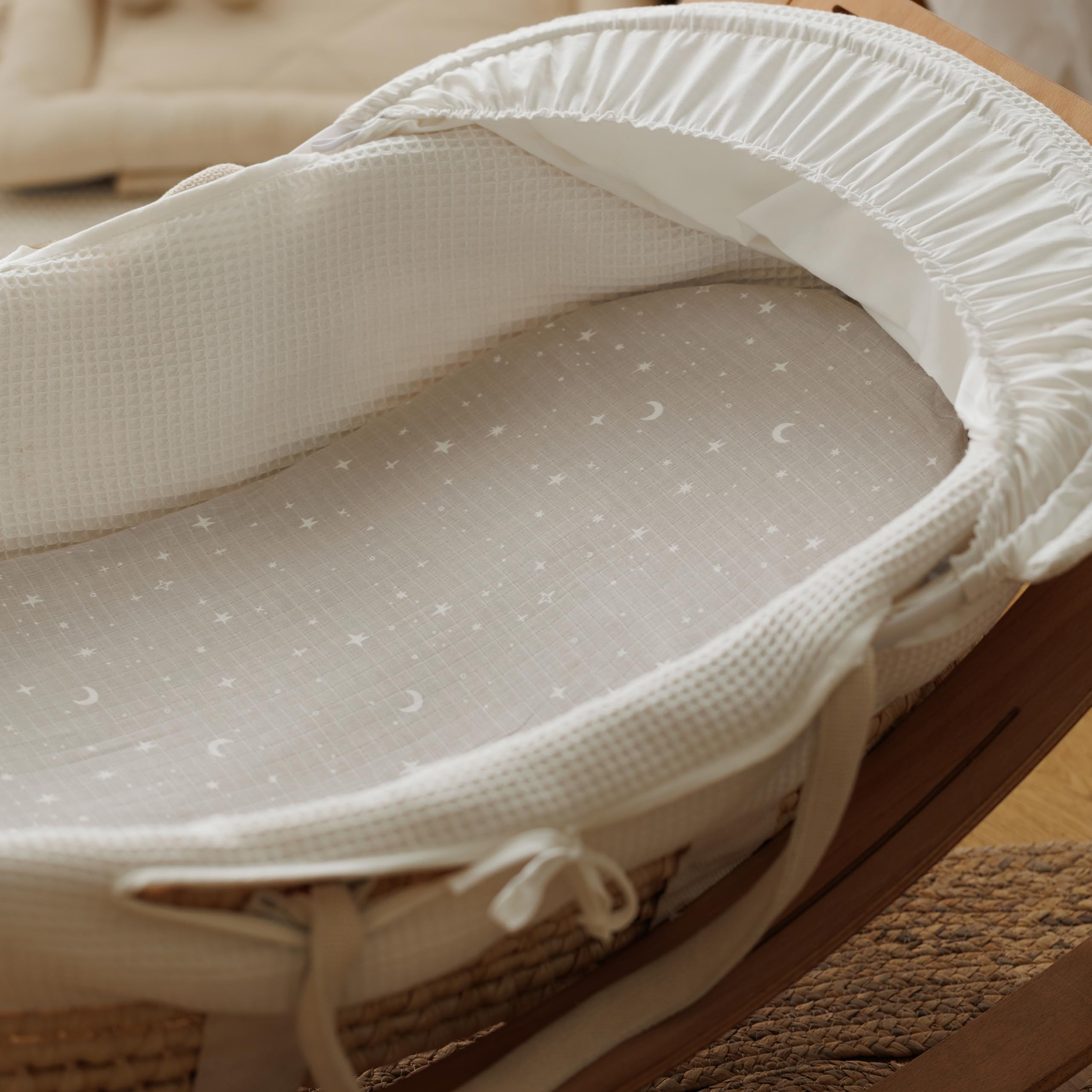 Musioiy Muslin Bassinet Sheets for Baby Girls and Boys, Soft & Breathable Cotton Bed Oval, Hourglass Rectangular Cradle Mattress, 2 Pack,(Animal Print Stars, White Grey (CRIB202305)