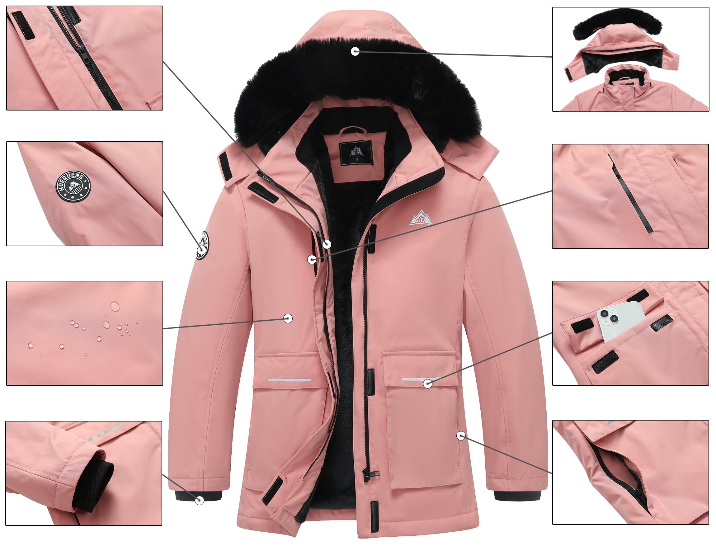 MOERDENG Women's Waterproof Winter Snow Coat Windproof Ski Jacket Hooded Snowboarding Jackets