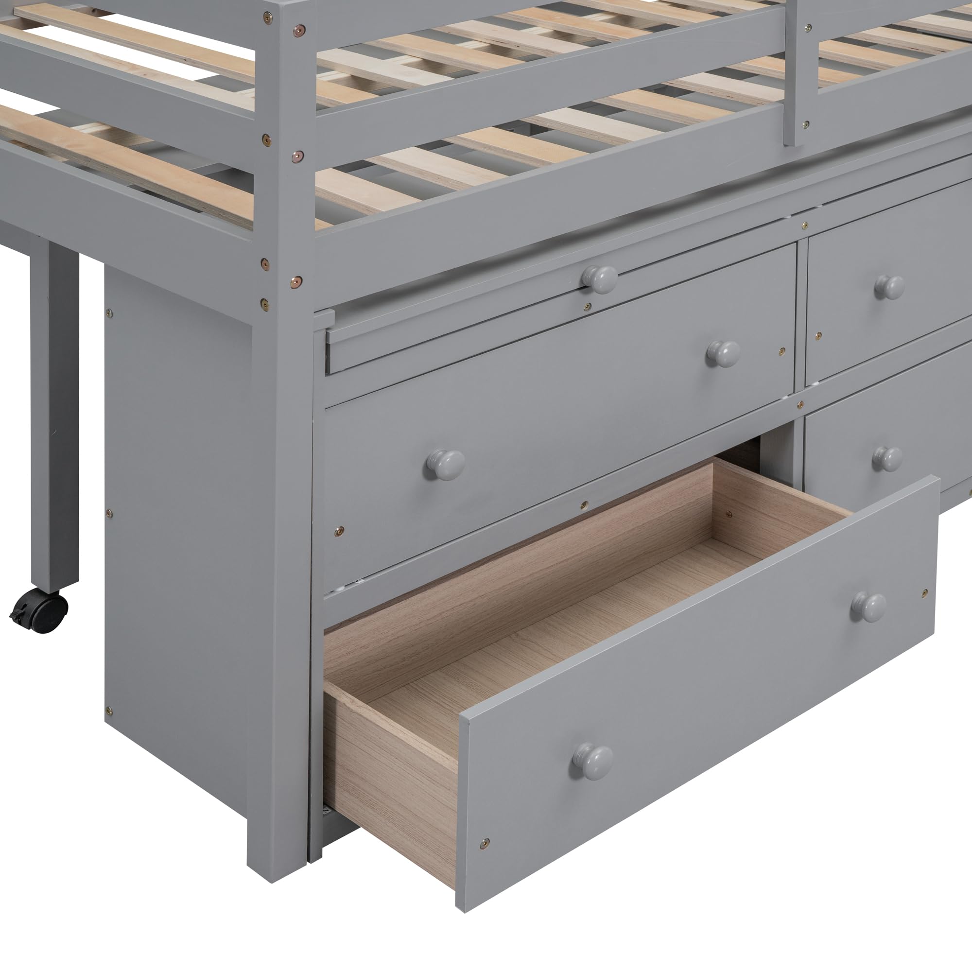 VilroCaz Full Size Low Loft Bed with Retractable Writing Desk and 4 Drawers, Multiple Functions Wooden Loft Bed Frame with Storage Shelves for Kids Teens Boys Girls, Sturdy Slats Support (Grey-AFULL)