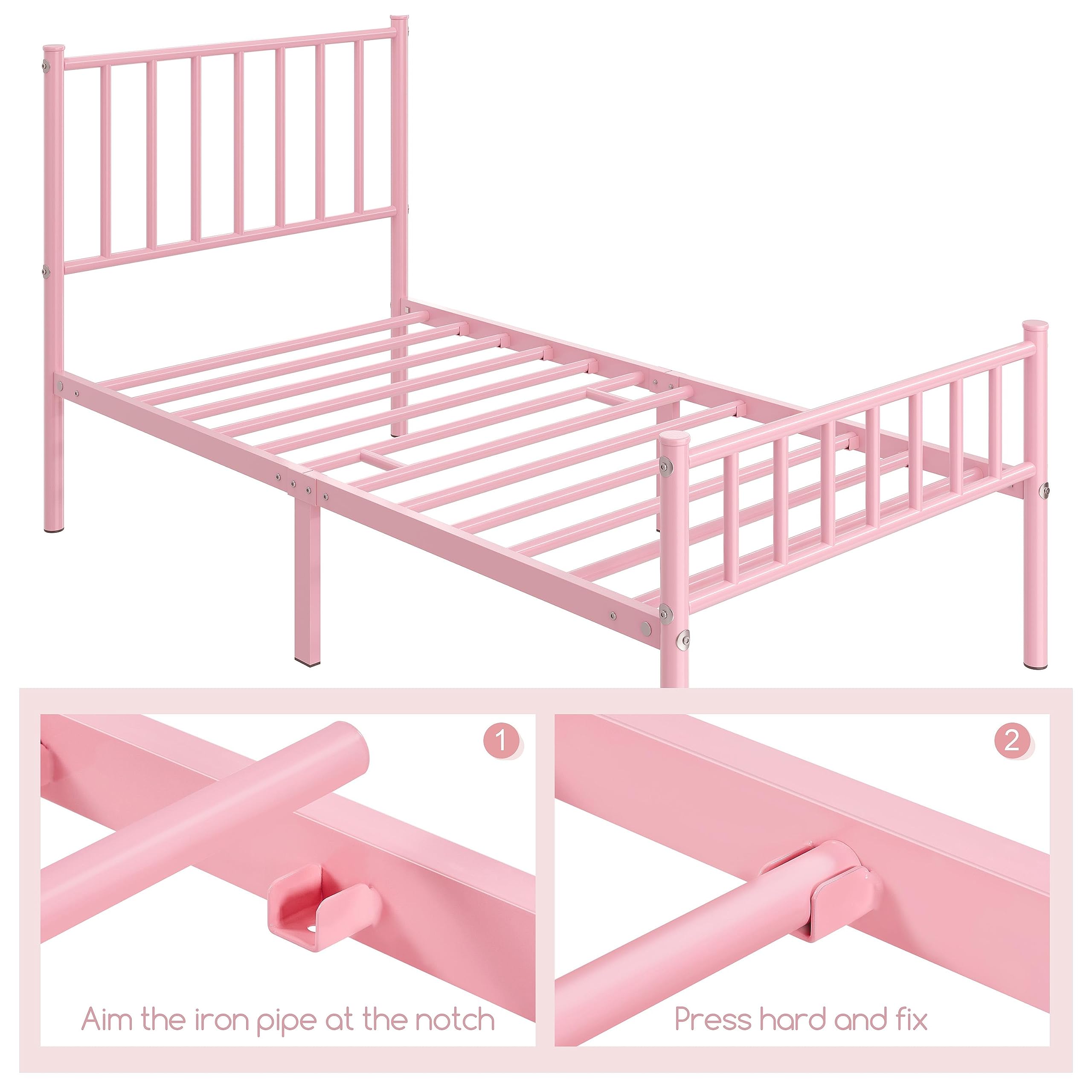 Yaheetech Twin Size Bed Frame Metal Platform Bed Frame Mattress Foundation with Spindle Headboard & Footboard/No Box Spring Needed/14 Inch Underbed Storage/Firm Support & Easy Set up Structure, Pink