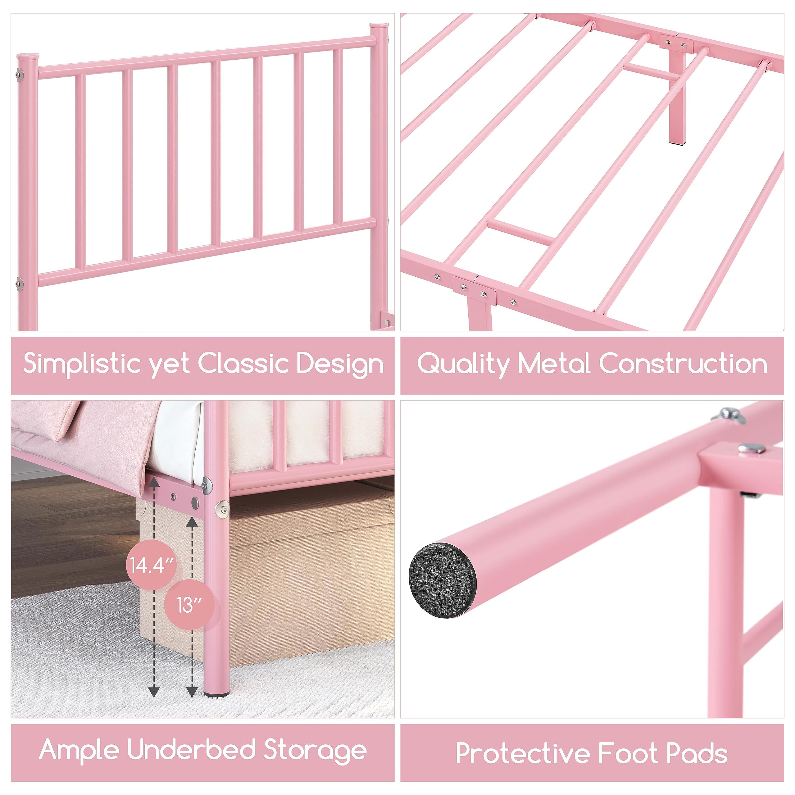 Yaheetech Twin Size Bed Frame Metal Platform Bed Frame Mattress Foundation with Spindle Headboard & Footboard/No Box Spring Needed/14 Inch Underbed Storage/Firm Support & Easy Set up Structure, Pink