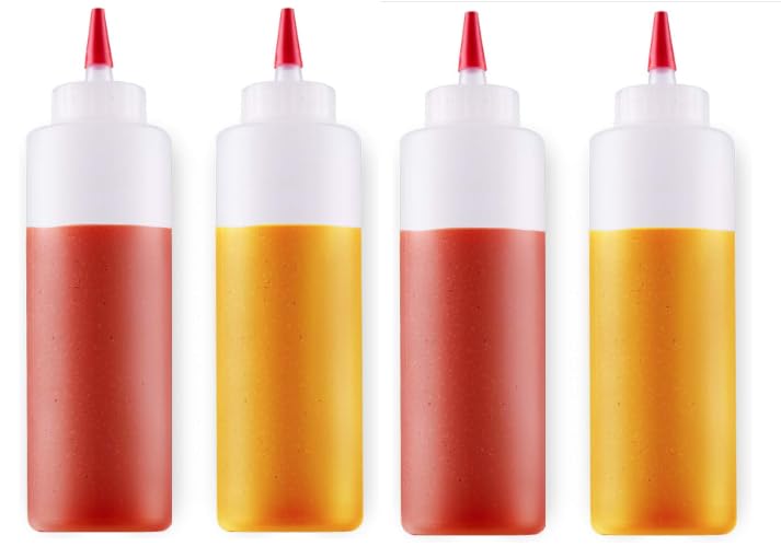BOTTLIFY 16oz Squeeze Bottles with Red Cap-Pack of 4 Wide Mouth, Leak Proof Refillable Condiment Container for Kitchen Use