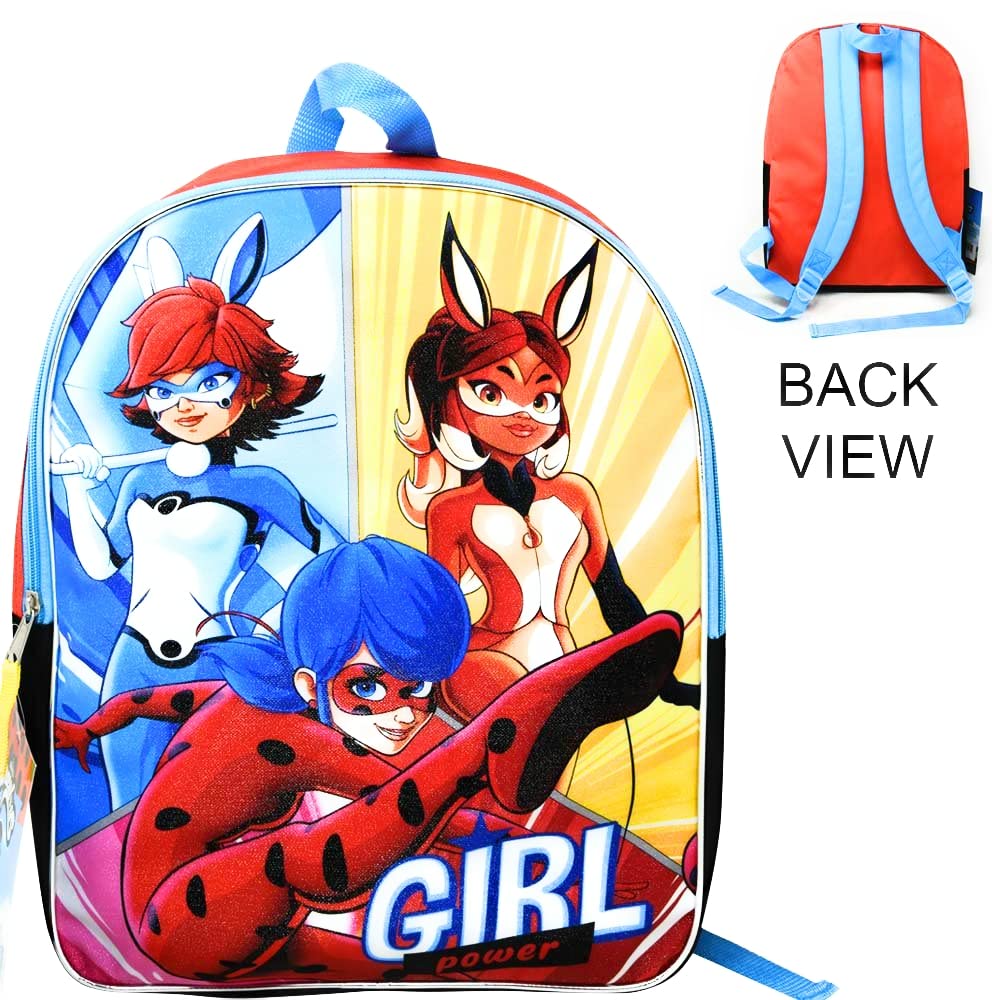 Miraculous Ladybug Backpack – Girls Bag with 1 Big Compartment with Cartoon Print of Rena Rouge and Dragon Rider – 2 Layer Yellow Blue