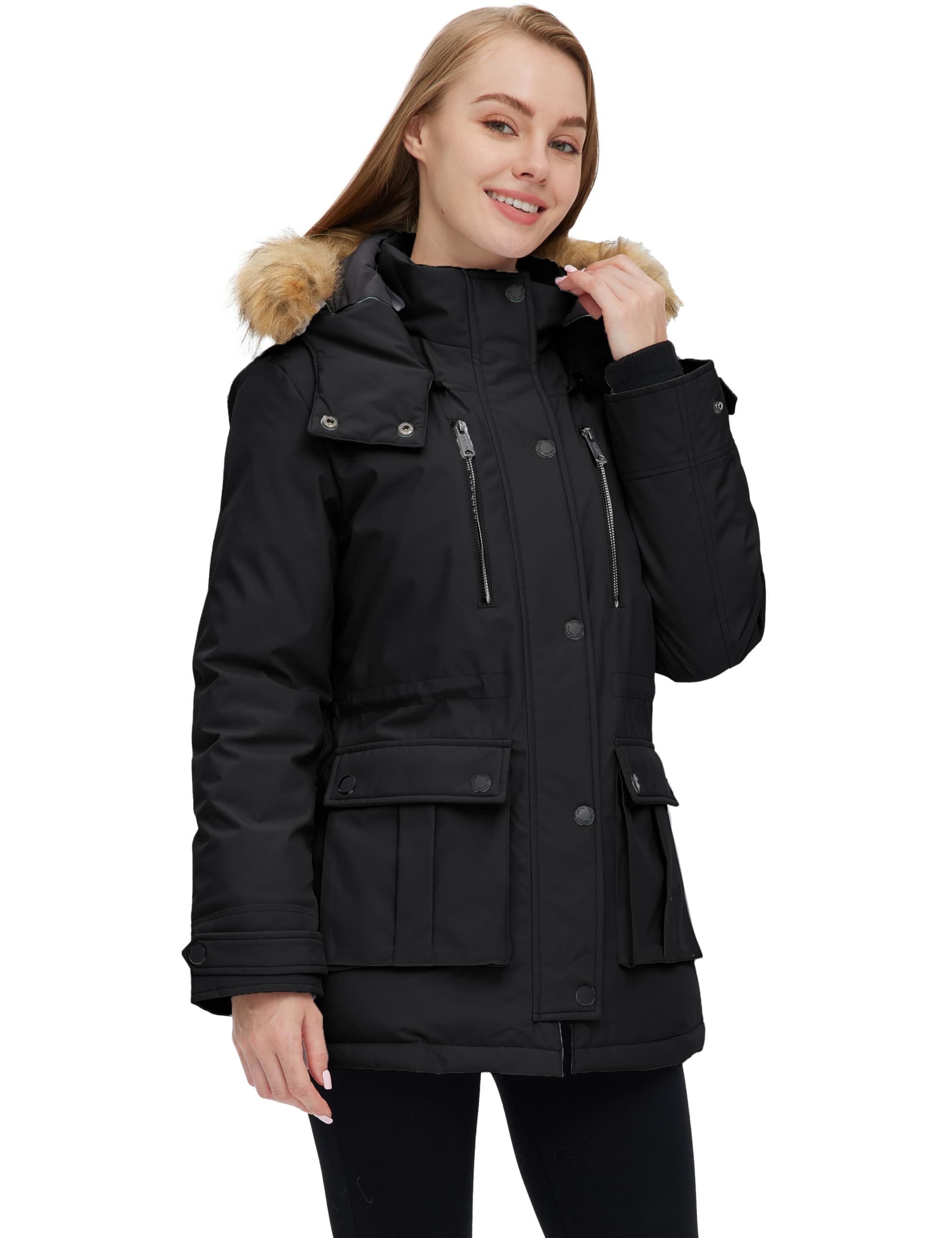 wantdo Women's Thickened Parka Coat with Removable Fur Hood (Black, XX-Large)
