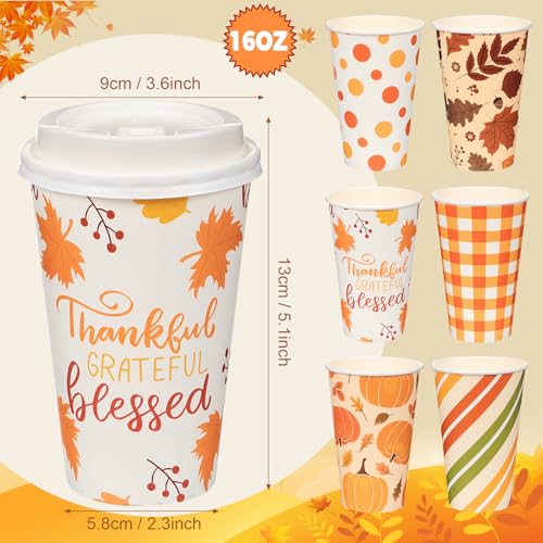 Umigy 120 Pack Fall Paper Coffee Cups 16 oz Thanksgiving Paper Hot Cup Coffee Cups Disposable with Lids and Stirrers Beverage Drinking Cup with 6 Designs for Juice Water Coffee Tea for Home Shops
