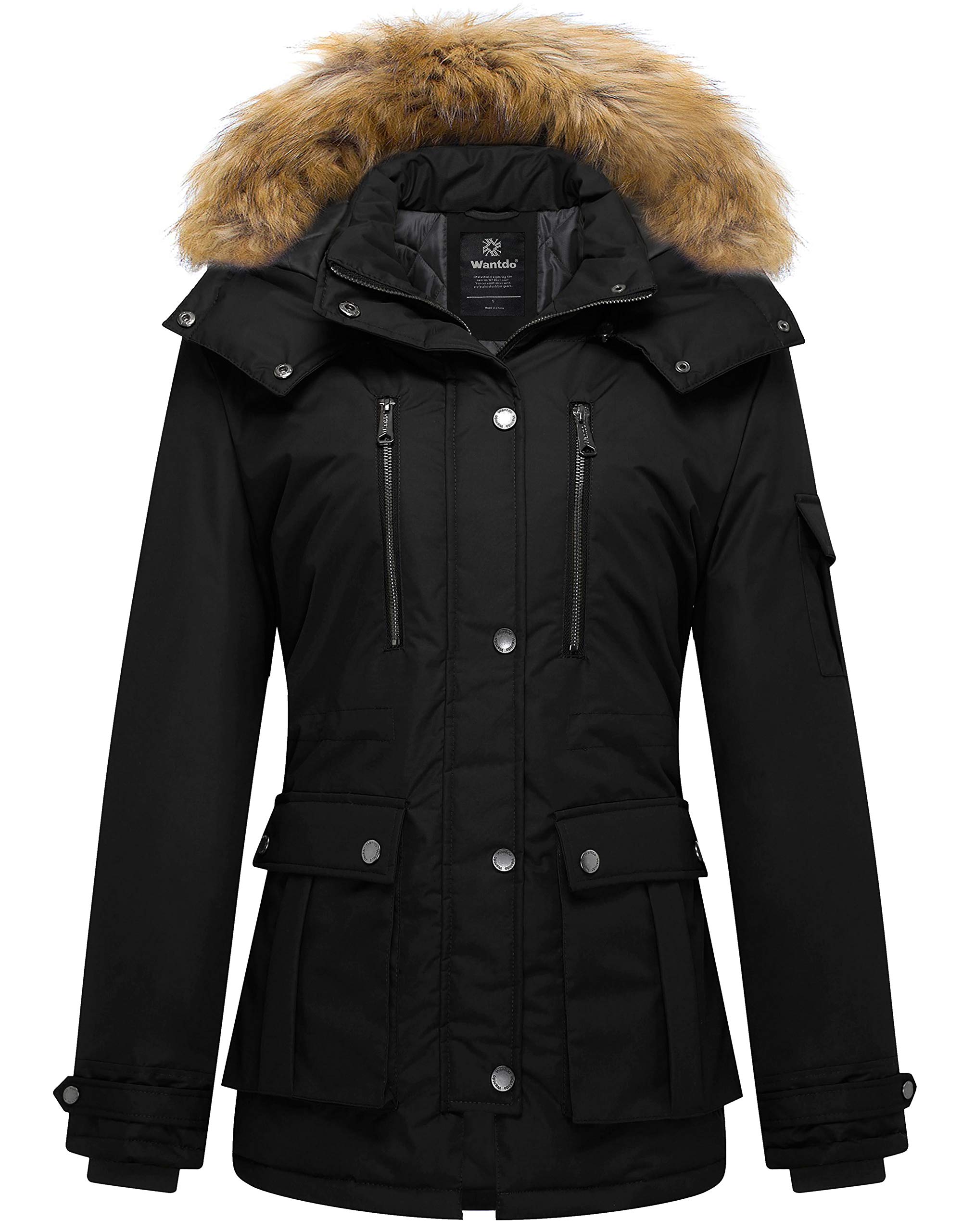 wantdo Women's Thickened Parka Coat with Removable Fur Hood (Black, XX-Large)