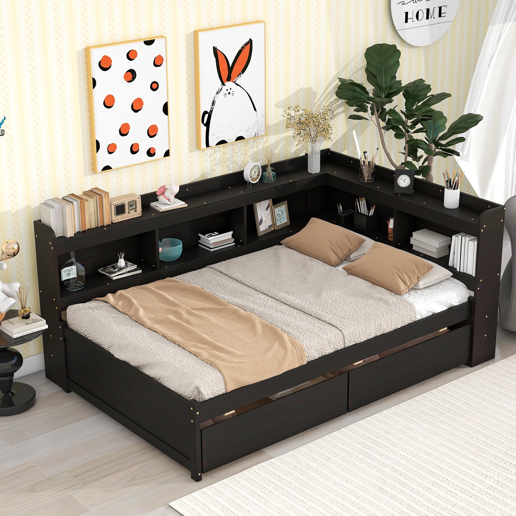 Quarte Modern Platform Bed with L-Shaped Bookcases,Wooden Full Size Platform Bed with 2 Storage Drawers,Suitable for Kids Boys Girls Teens Adults Bedroom