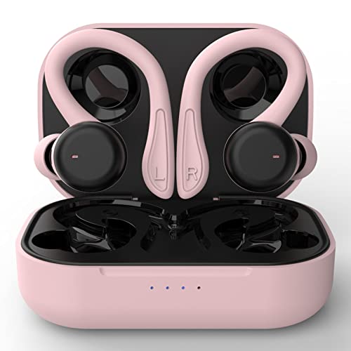 Pink Over the Ear Wireless Earbuds with Earhooks Bluetooth Earbuds with Ear Hook Workout Running Sport Headphones Waterproof Ear Buds Small Mini Earphones Noise Cancelling Headset with Microphone
