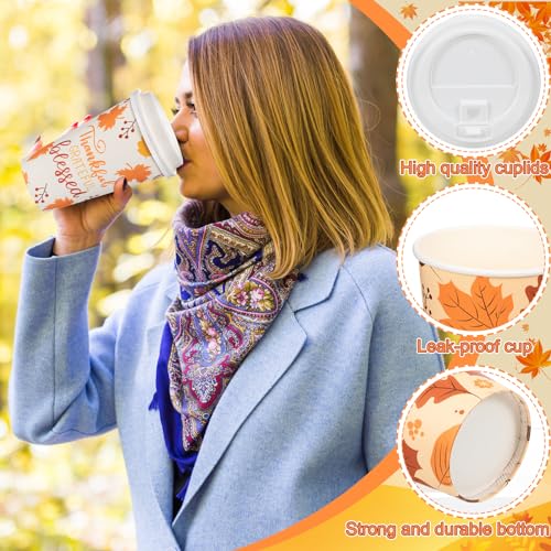 Umigy 120 Pack Fall Paper Coffee Cups 16 oz Thanksgiving Paper Hot Cup Coffee Cups Disposable with Lids and Stirrers Beverage Drinking Cup with 6 Designs for Juice Water Coffee Tea for Home Shops