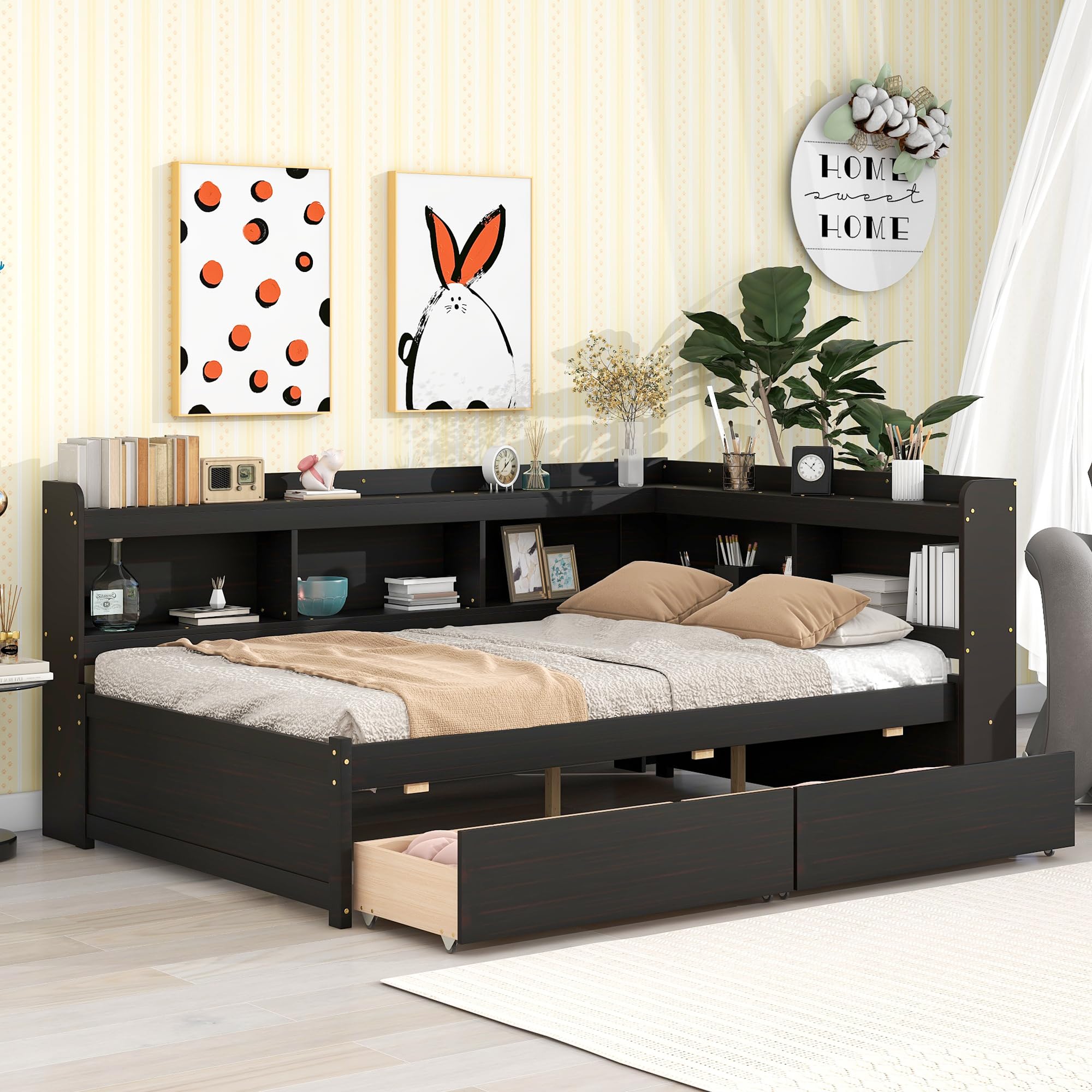 Quarte Modern Platform Bed with L-Shaped Bookcases,Wooden Full Size Platform Bed with 2 Storage Drawers,Suitable for Kids Boys Girls Teens Adults Bedroom