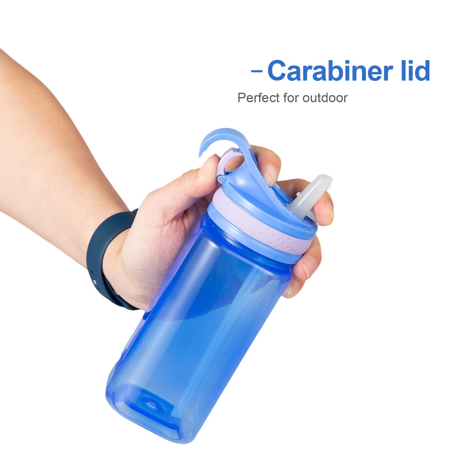 6 Pack Kids Water Bottle with Straw & Hanging Clip, 16 oz Square Personalized Plastic Water Bottle Bulk, Dishwasher Safe & Lightweight for Boys Girls to School Sports Travel Camping, DIY Gift, Blue