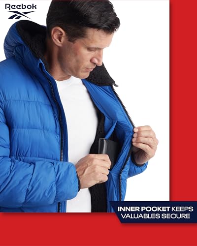 Reebok Men's Winter Jacket - Heavyweight Quilted Puffer Parka Coat - Ski Jacket for Men, Sherpa Lined Hood (S-XL), Size Medium, Vector Blue