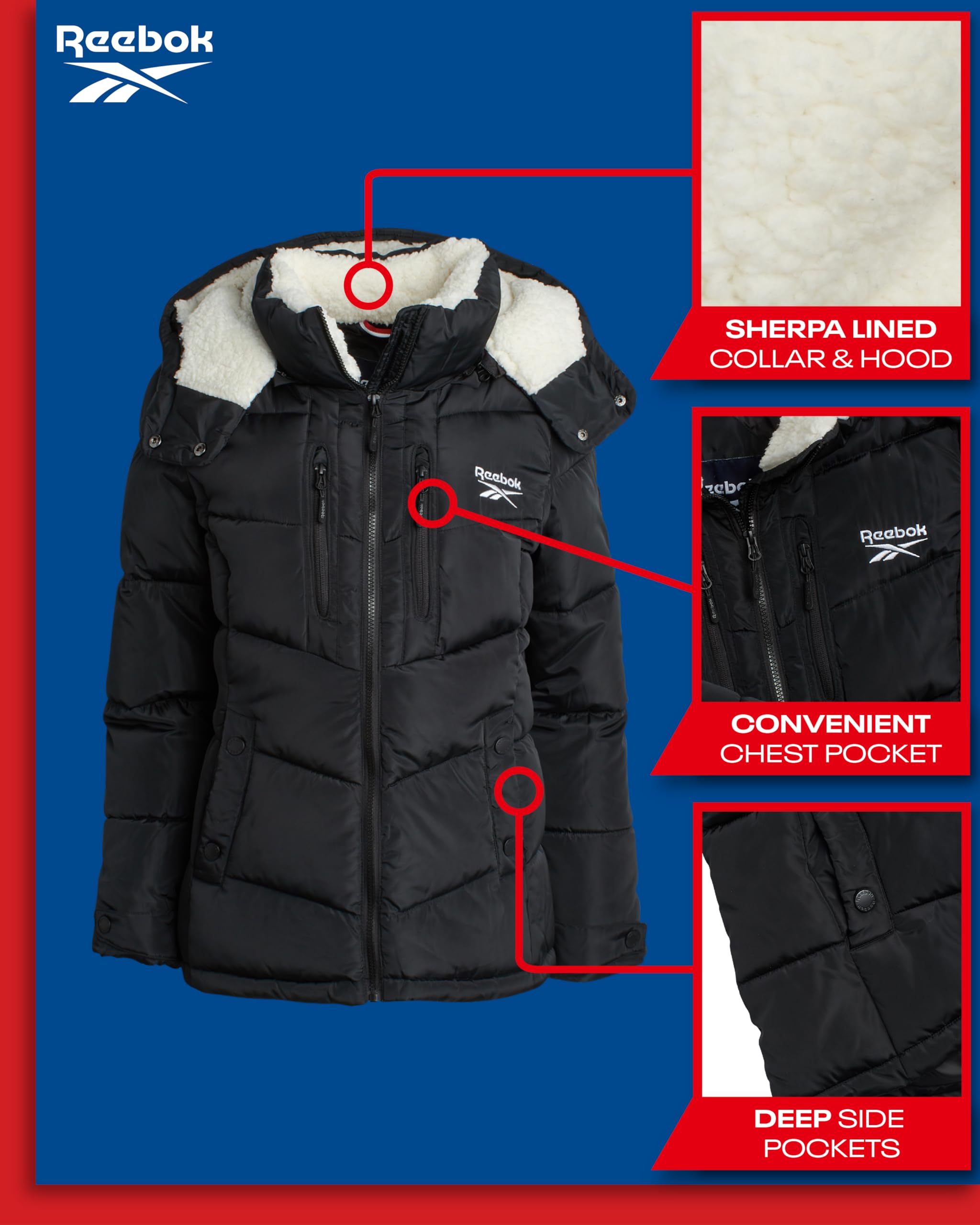 Reebok Women's Puffer Jacket - Heavyweight Quilted Puffer Jacket with Faux Fur Trim Hood - Outerwear Jackets for Women (S-XL), Size Large, Black
