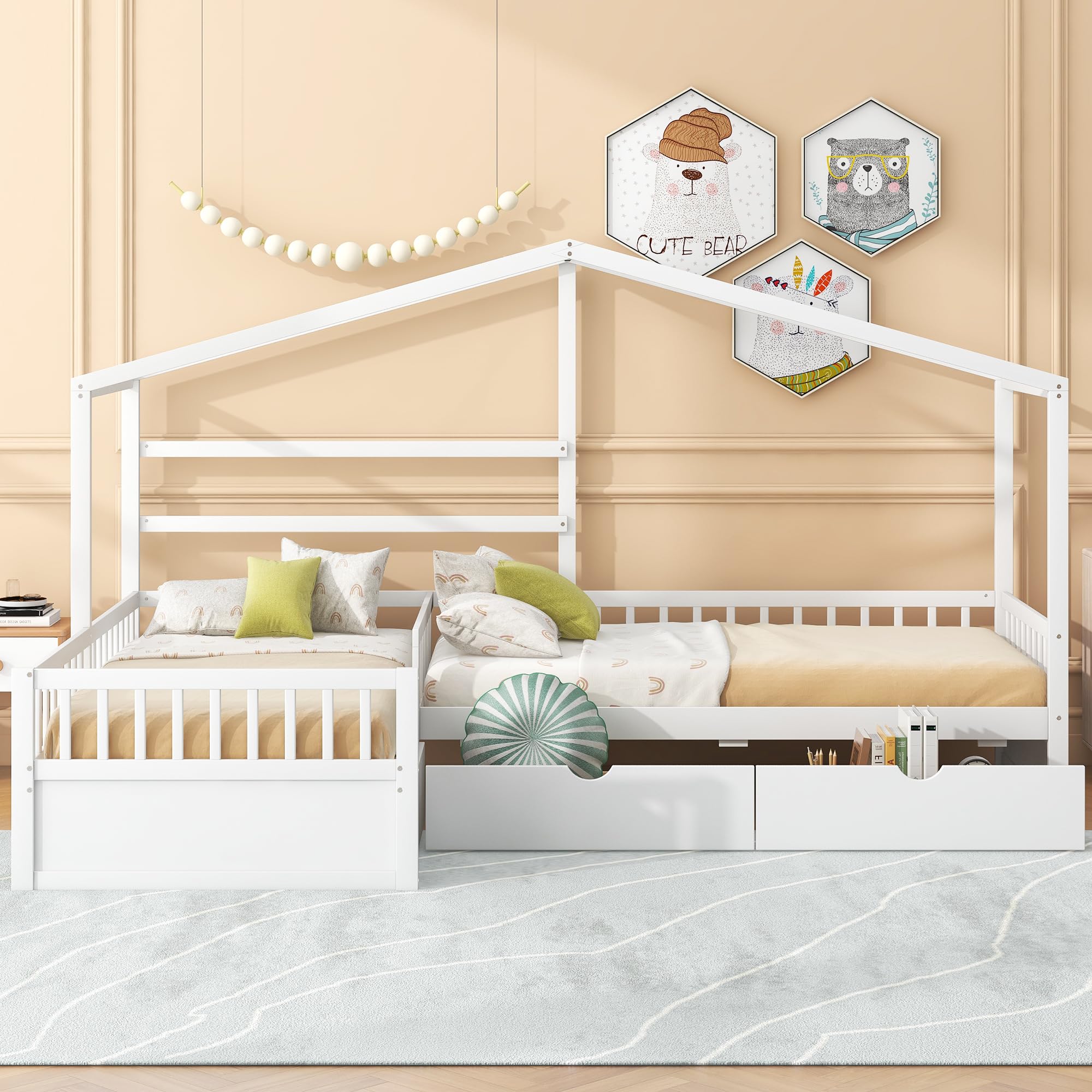 Lakifun L Shaped Bed Frame for Kids, Double Twin Corner House Bed with 3 Storage Drawers & Fence, Modern Solid Wood Platform Bed for Girls Boys Bedroom, Maximize Space (White)