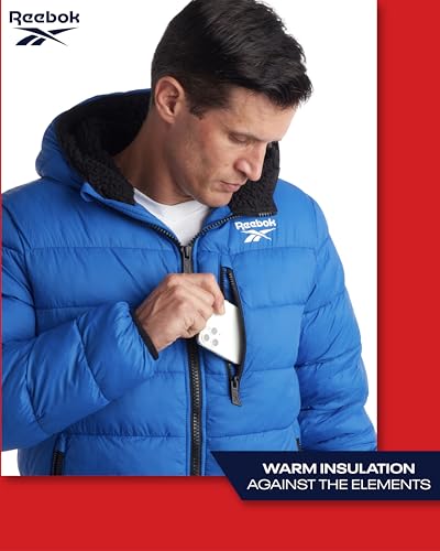 Reebok Men's Winter Jacket - Heavyweight Quilted Puffer Parka Coat - Ski Jacket for Men, Sherpa Lined Hood (S-XL), Size Medium, Vector Blue