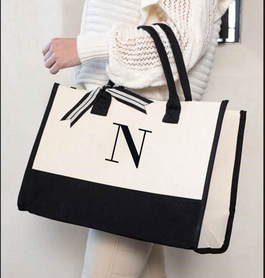 Mud Pie Classic Black and White Initial Canvas Tote Bags (N), 100% Cotton, 17" x 19" x 2"