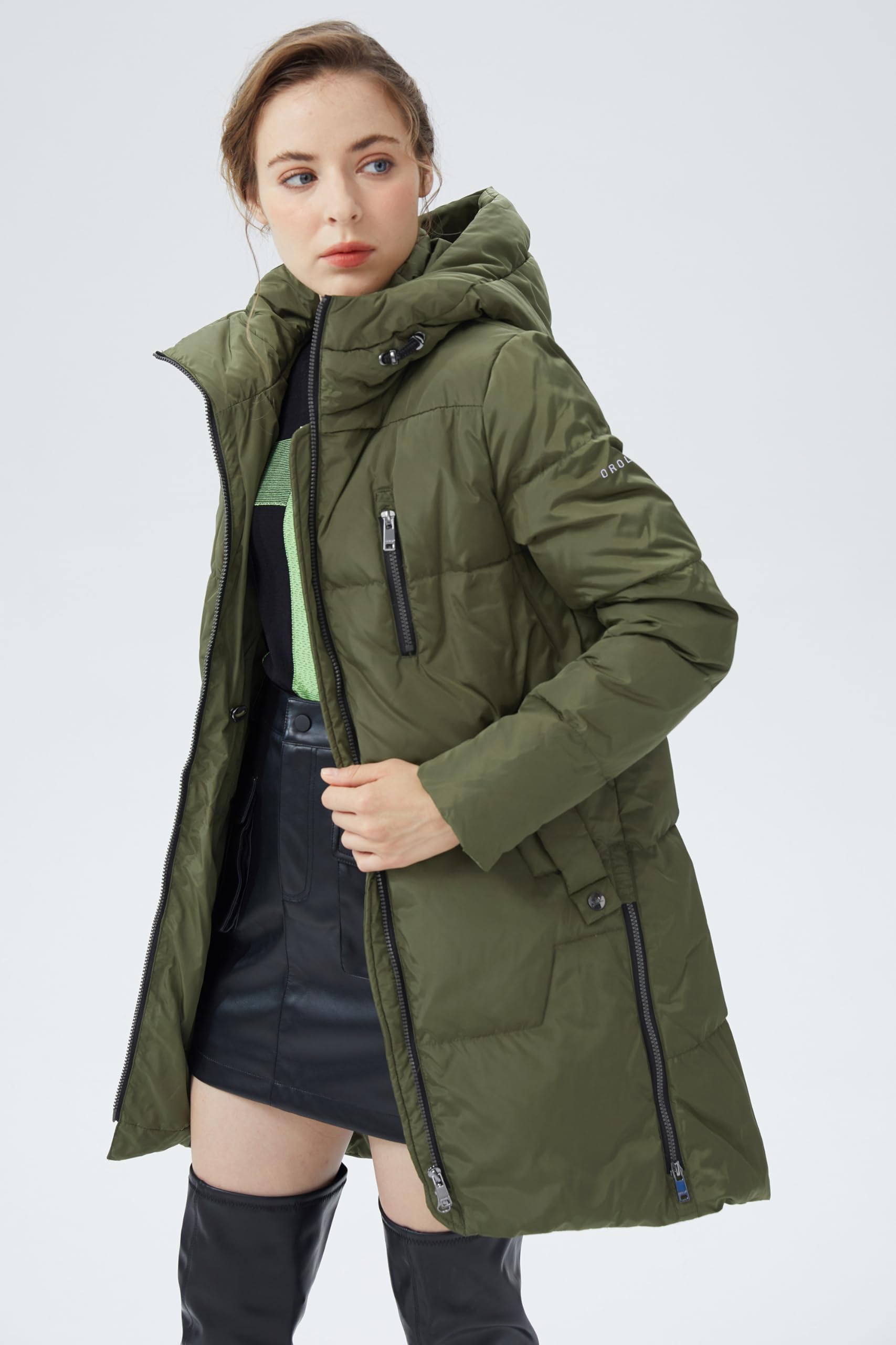 Orolay Women's Stylish Down Hooded Jacket with Two-Way Zipper Winter Down Coat Puffer Jacket Army Green L