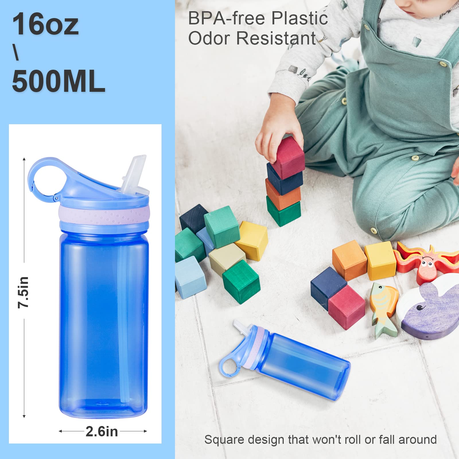 6 Pack Kids Water Bottle with Straw & Hanging Clip, 16 oz Square Personalized Plastic Water Bottle Bulk, Dishwasher Safe & Lightweight for Boys Girls to School Sports Travel Camping, DIY Gift, Blue