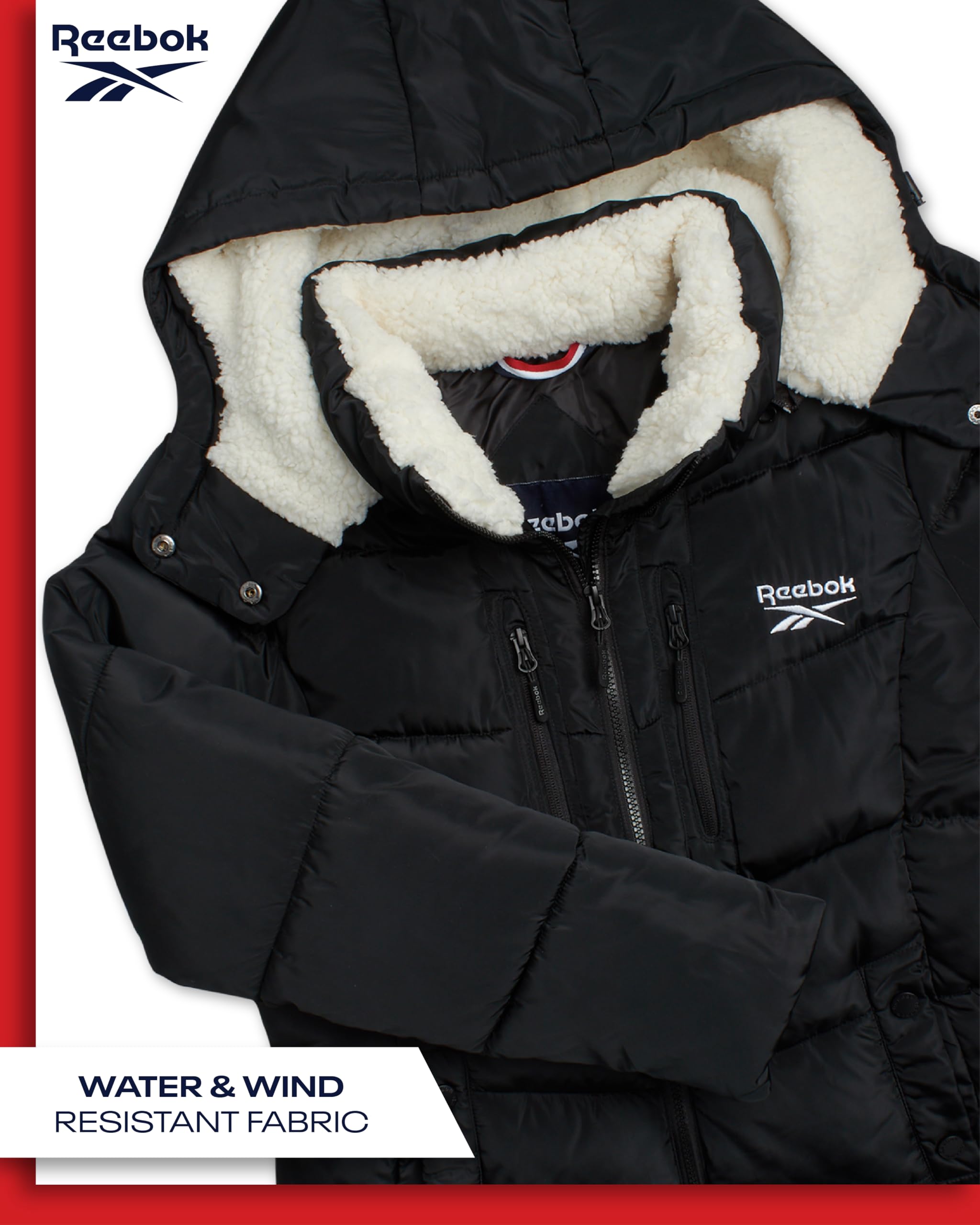 Reebok Women's Puffer Jacket - Heavyweight Quilted Puffer Jacket with Faux Fur Trim Hood - Outerwear Jackets for Women (S-XL), Size Large, Black