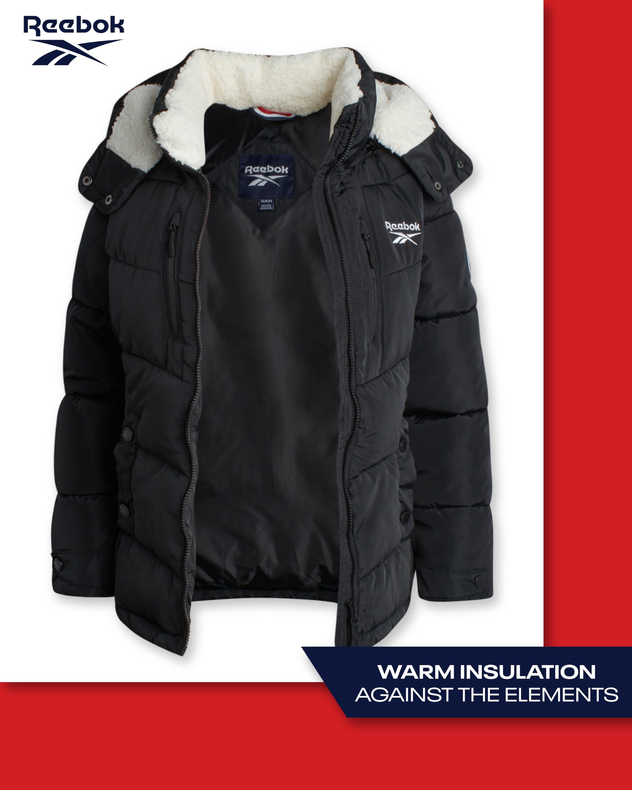 Reebok Women's Puffer Jacket - Heavyweight Quilted Puffer Jacket with Faux Fur Trim Hood - Outerwear Jackets for Women (S-XL), Size Large, Black