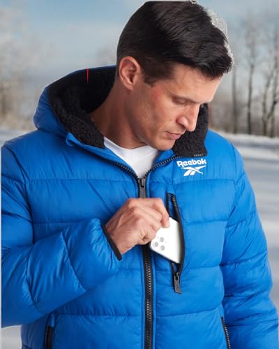 Reebok Men's Winter Jacket - Heavyweight Quilted Puffer Parka Coat - Ski Jacket for Men, Sherpa Lined Hood (S-XL), Size Medium, Vector Blue