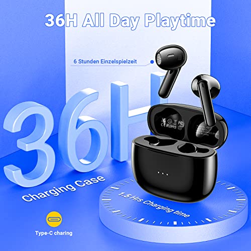 kauguo Wireless Earbuds, Bluetooth 5.3 Headphones,4-Mic Call Noise Reduction 36H Playtime IPX6 Sports Waterproof Earphones, HiFi Stereo, Touch Control with Type-C Charging for iOS Android Black