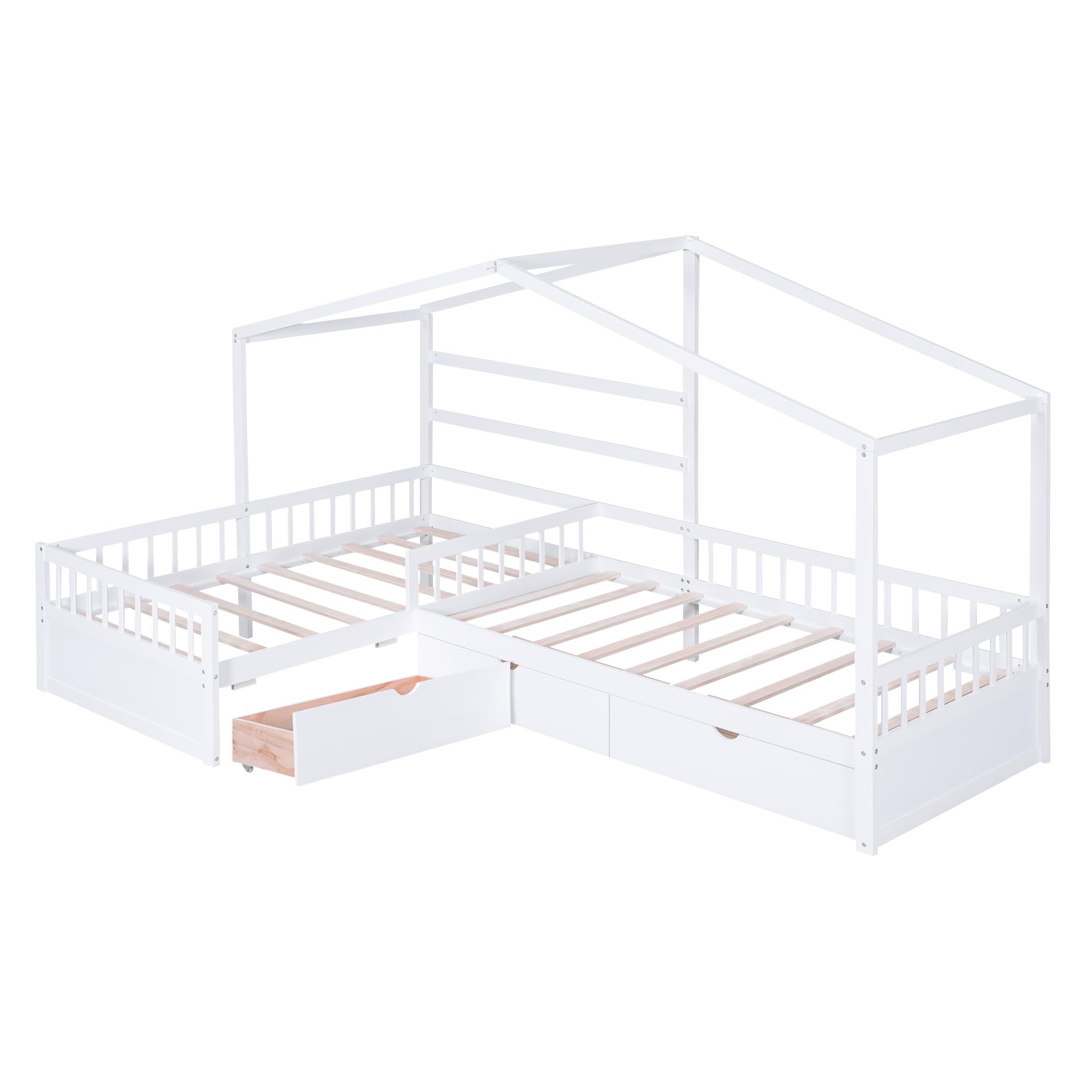Lakifun L Shaped Bed Frame for Kids, Double Twin Corner House Bed with 3 Storage Drawers & Fence, Modern Solid Wood Platform Bed for Girls Boys Bedroom, Maximize Space (White)