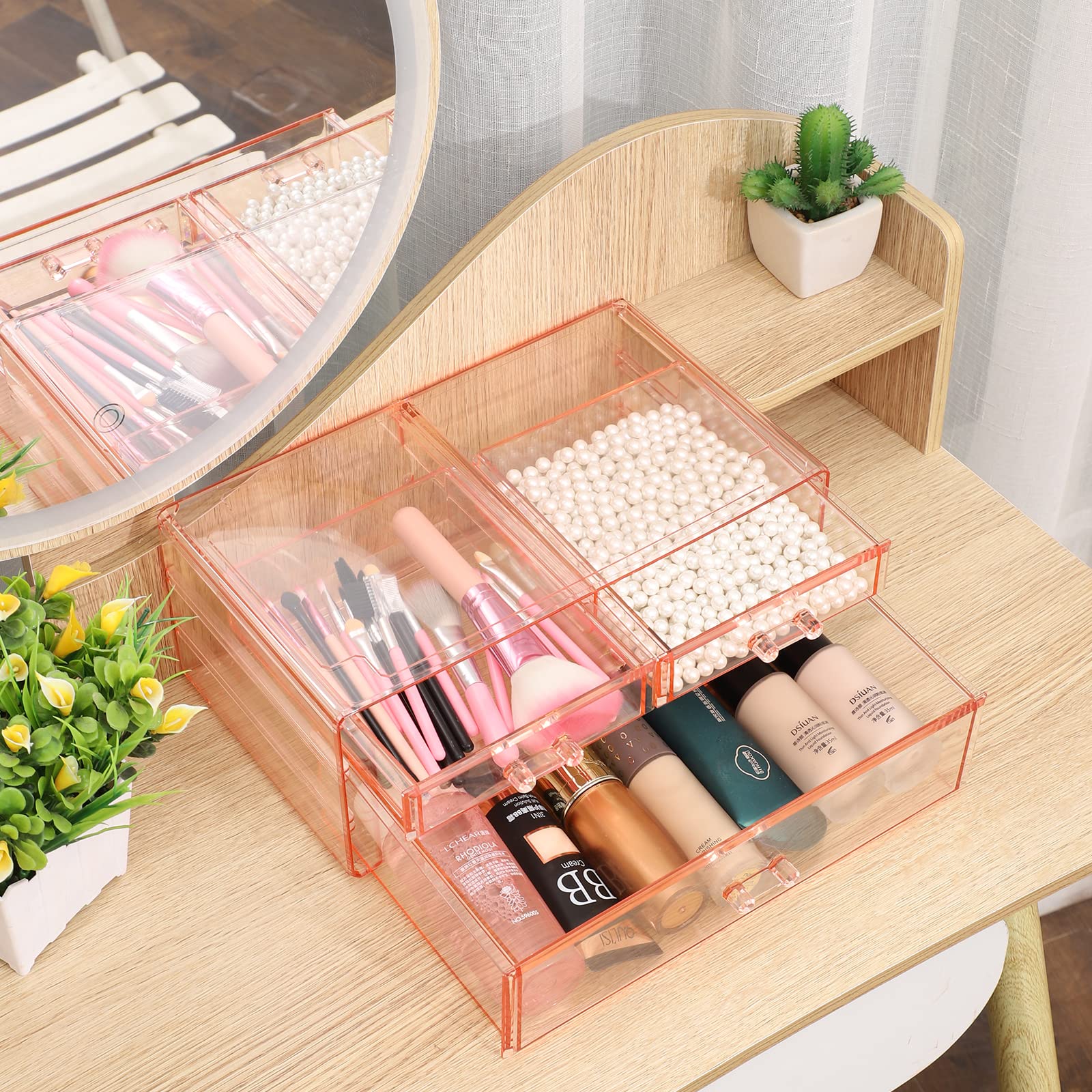 Cq acrylic Stackable Bathroom Storage with Pull Out Bin Organizer Drawer for Cabinet,Vanity,Shelf,Cupboard,Cabinet or Closet Organization Pink 3 Drawers