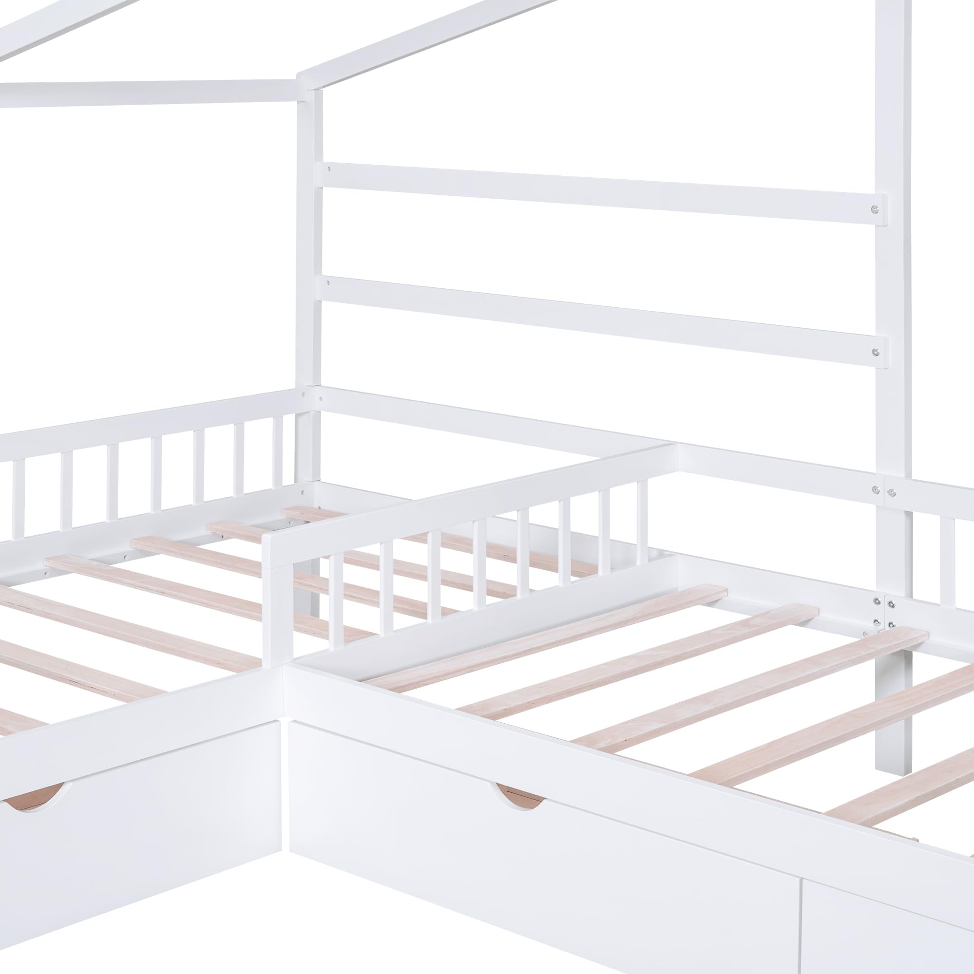 Lakifun L Shaped Bed Frame for Kids, Double Twin Corner House Bed with 3 Storage Drawers & Fence, Modern Solid Wood Platform Bed for Girls Boys Bedroom, Maximize Space (White)