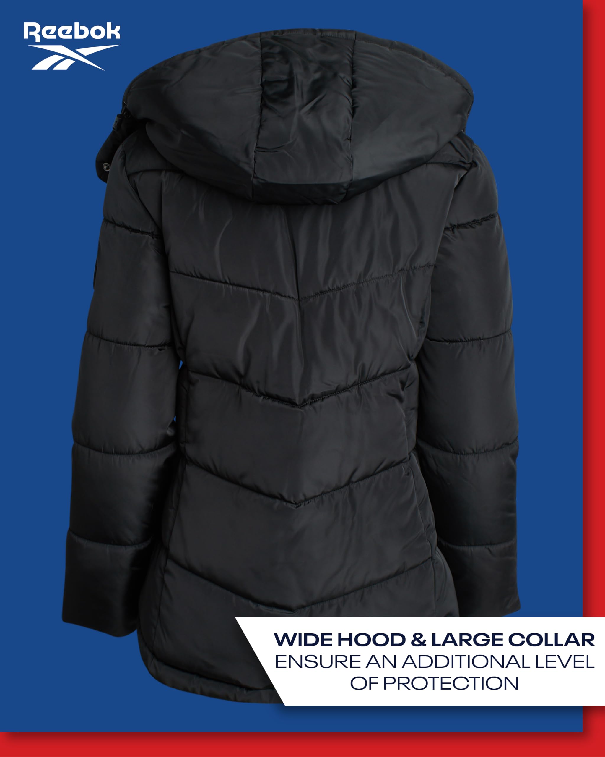 Reebok Women's Puffer Jacket - Heavyweight Quilted Puffer Jacket with Faux Fur Trim Hood - Outerwear Jackets for Women (S-XL), Size Large, Black