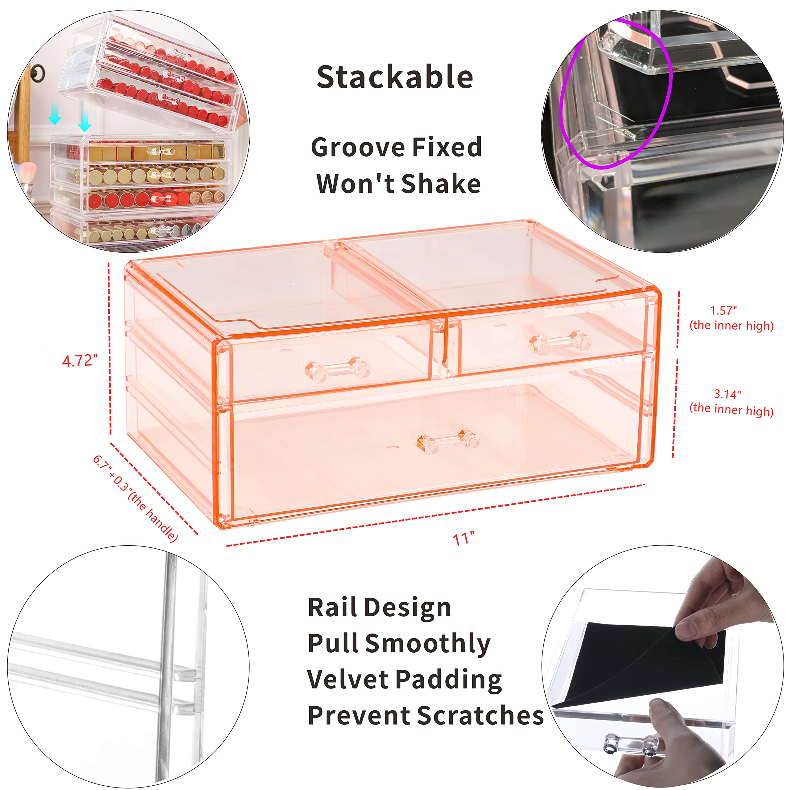 Cq acrylic Stackable Bathroom Storage with Pull Out Bin Organizer Drawer for Cabinet,Vanity,Shelf,Cupboard,Cabinet or Closet Organization Pink 3 Drawers