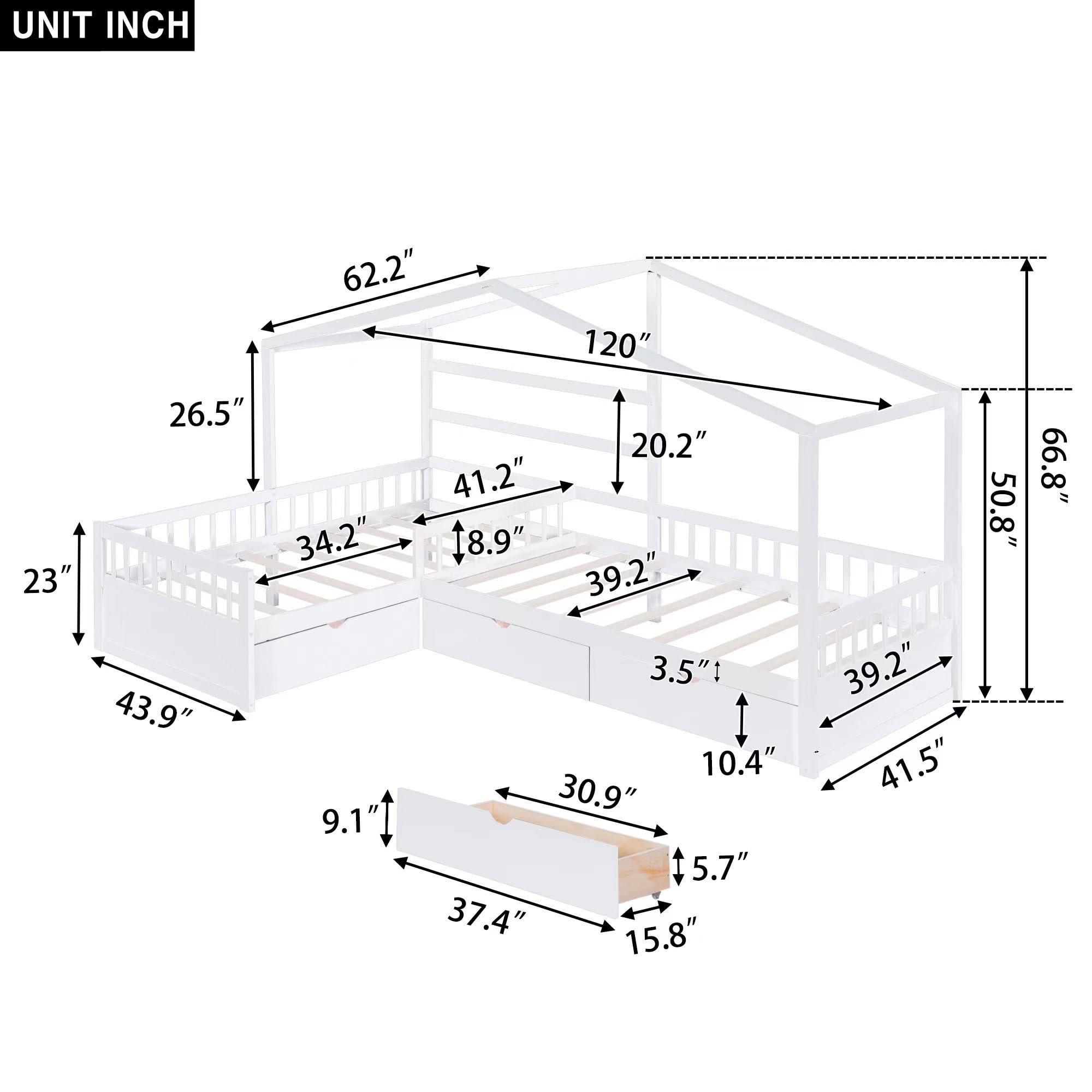 Lakifun L Shaped Bed Frame for Kids, Double Twin Corner House Bed with 3 Storage Drawers & Fence, Modern Solid Wood Platform Bed for Girls Boys Bedroom, Maximize Space (White)