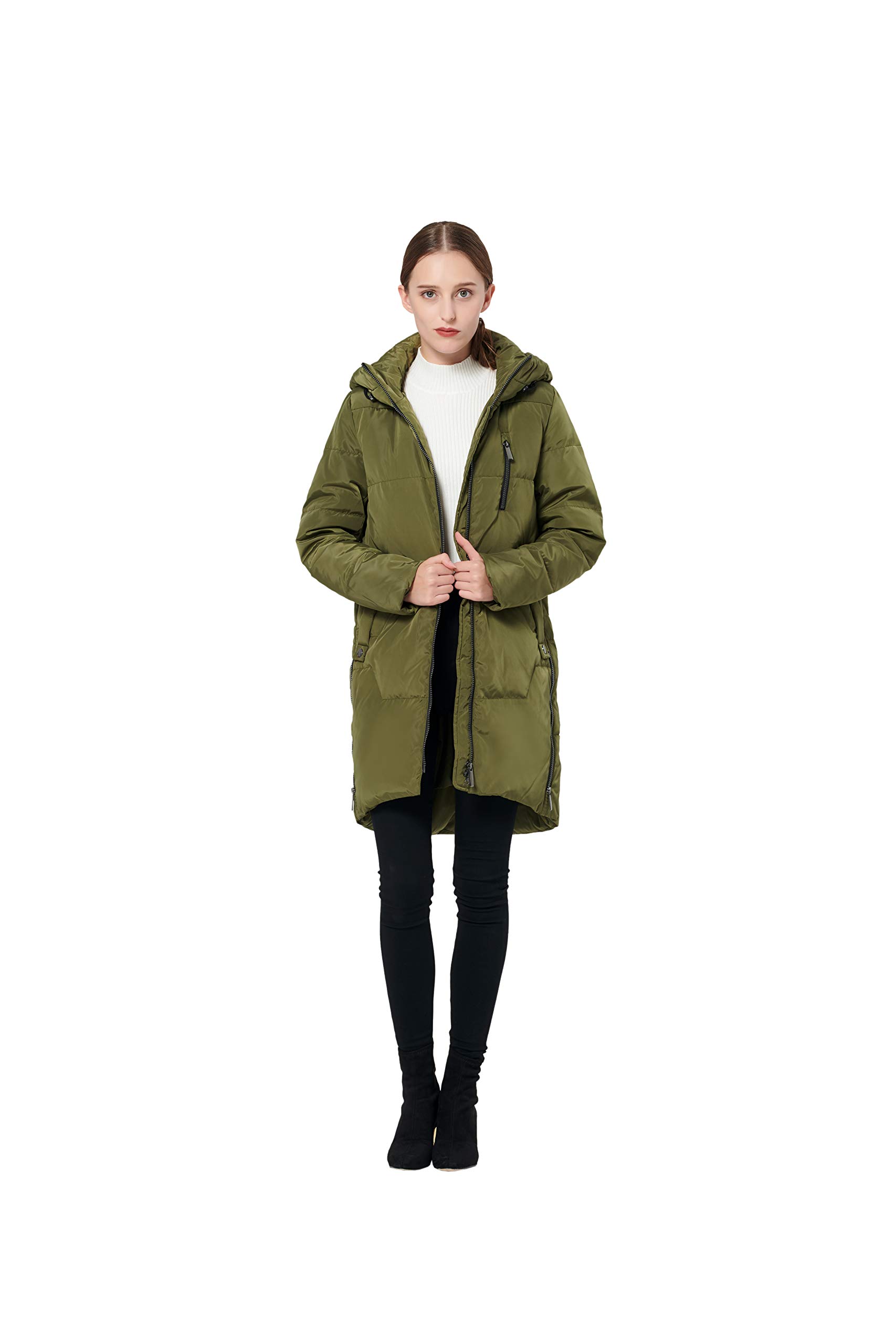 Orolay Women's Stylish Down Hooded Jacket with Two-Way Zipper Winter Down Coat Puffer Jacket Army Green L