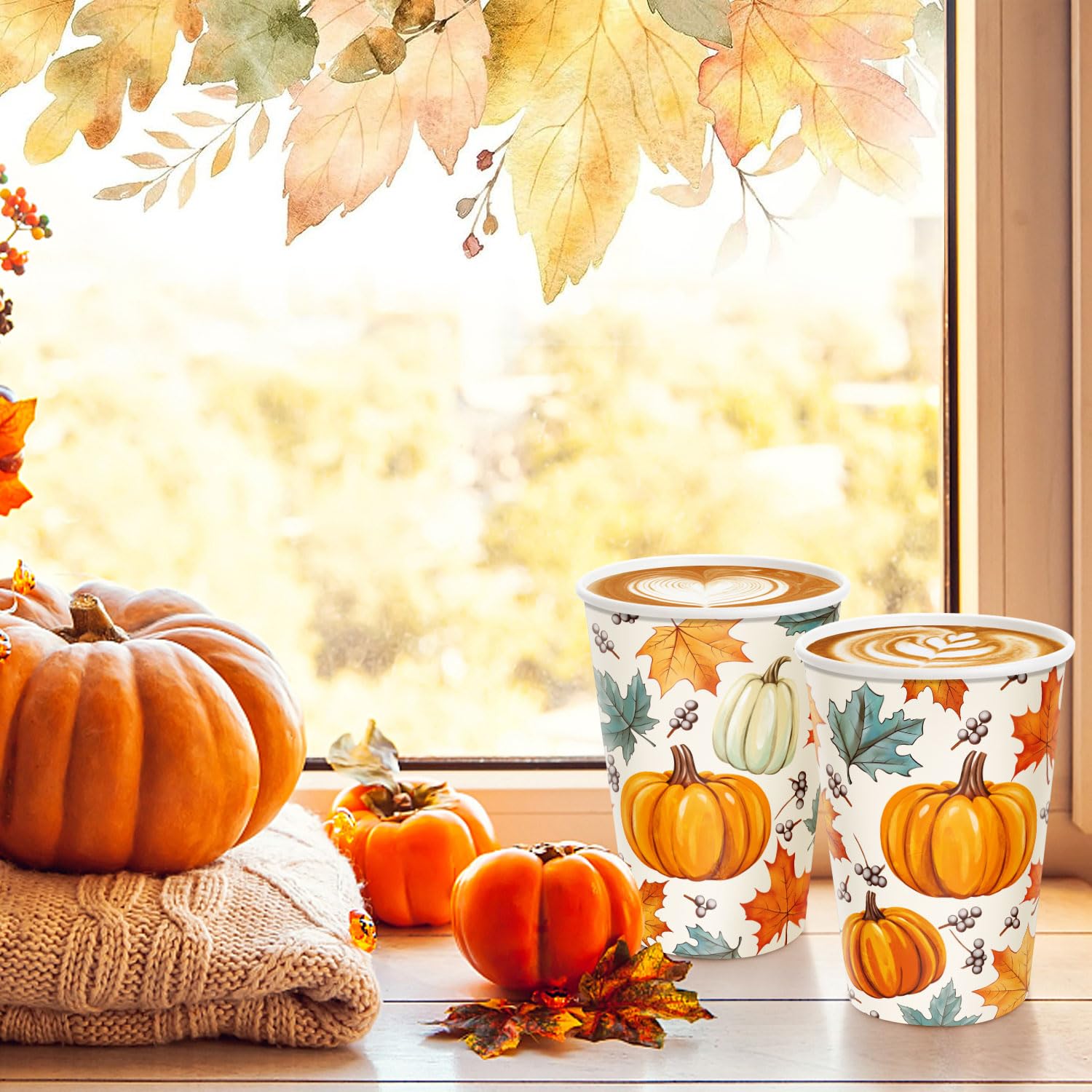 Thanksgiving Disposable Paper Cups 30 Pack, Pumpkin Maple Leaves Paper Cups, Fall Drinking Cups for Hot and Cold Beverages 12 Ounce, Thanksgiving Dinner Autumn Harvest Fall Party Supplies