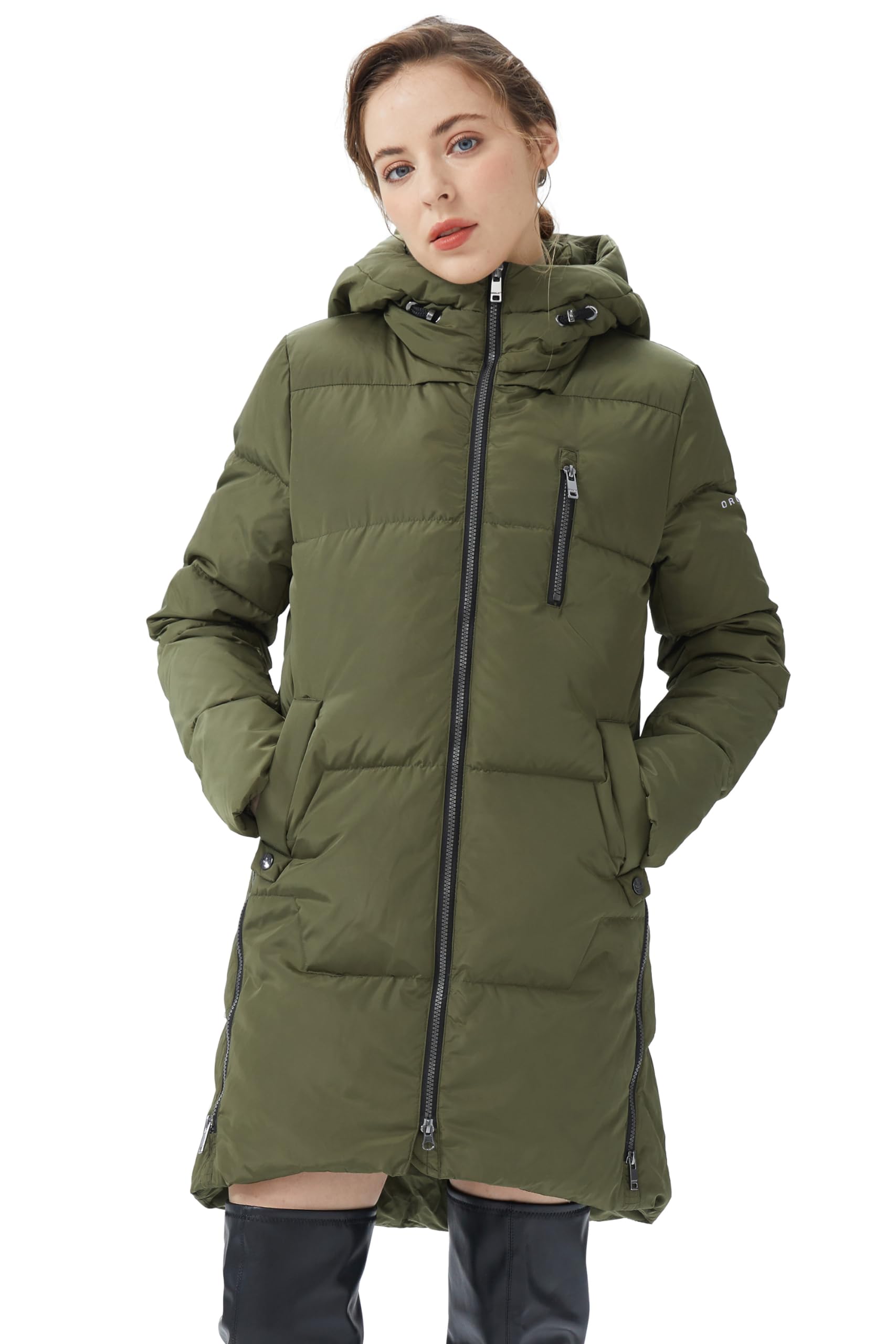 Orolay Women's Stylish Down Hooded Jacket with Two-Way Zipper Winter Down Coat Puffer Jacket Army Green L