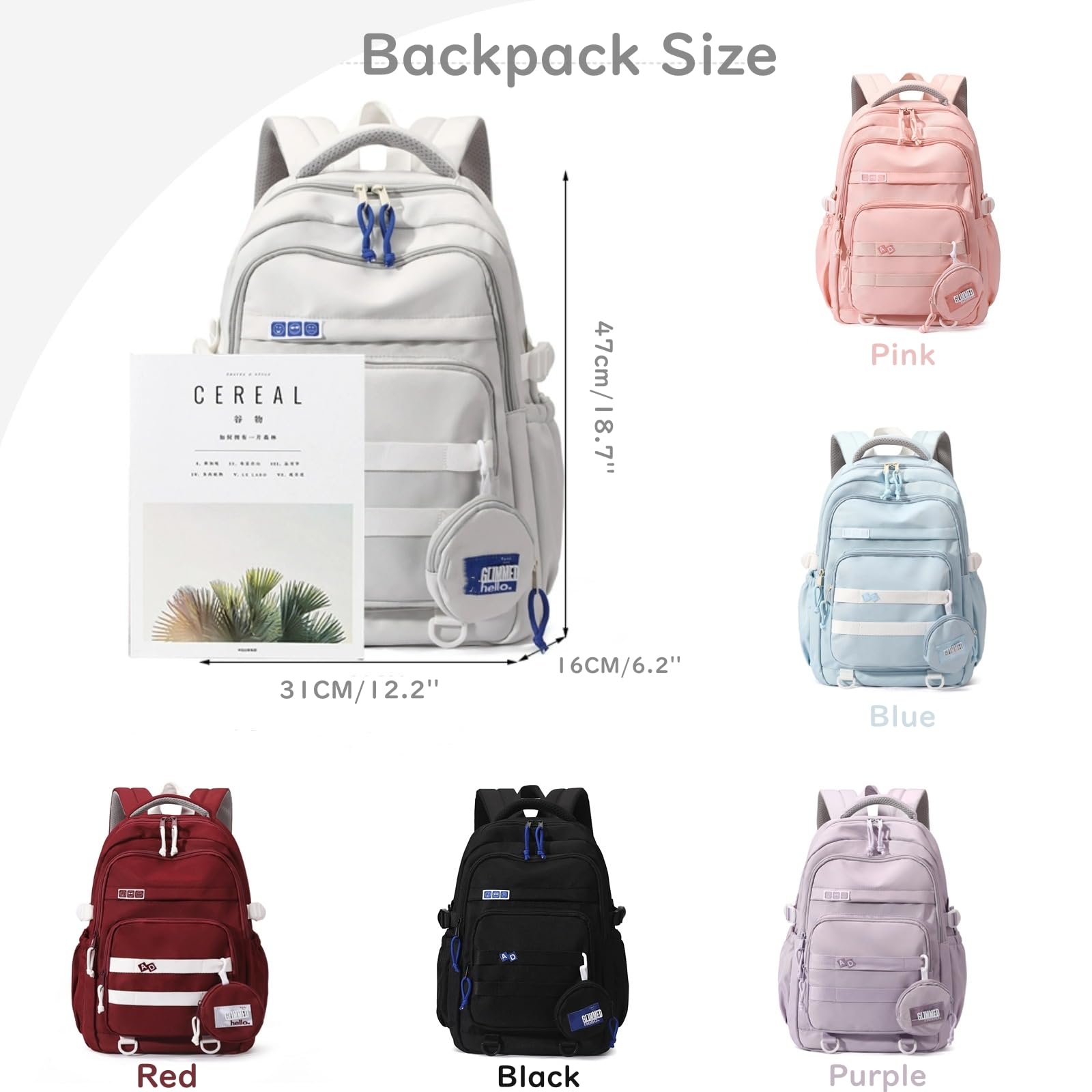 LANSHIYA Cute Aesthetic Backpack for Girls Middle School Students Bookbag Teens Solid Color Lightweight Travel Daypack Casual Schoolbag with Coin Pouch,Blue